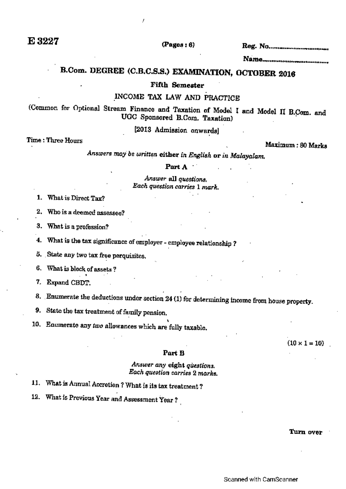 Bcom 5 sem income tax law and practice e 3227 oct 2016 - finance and taxation - Studocu