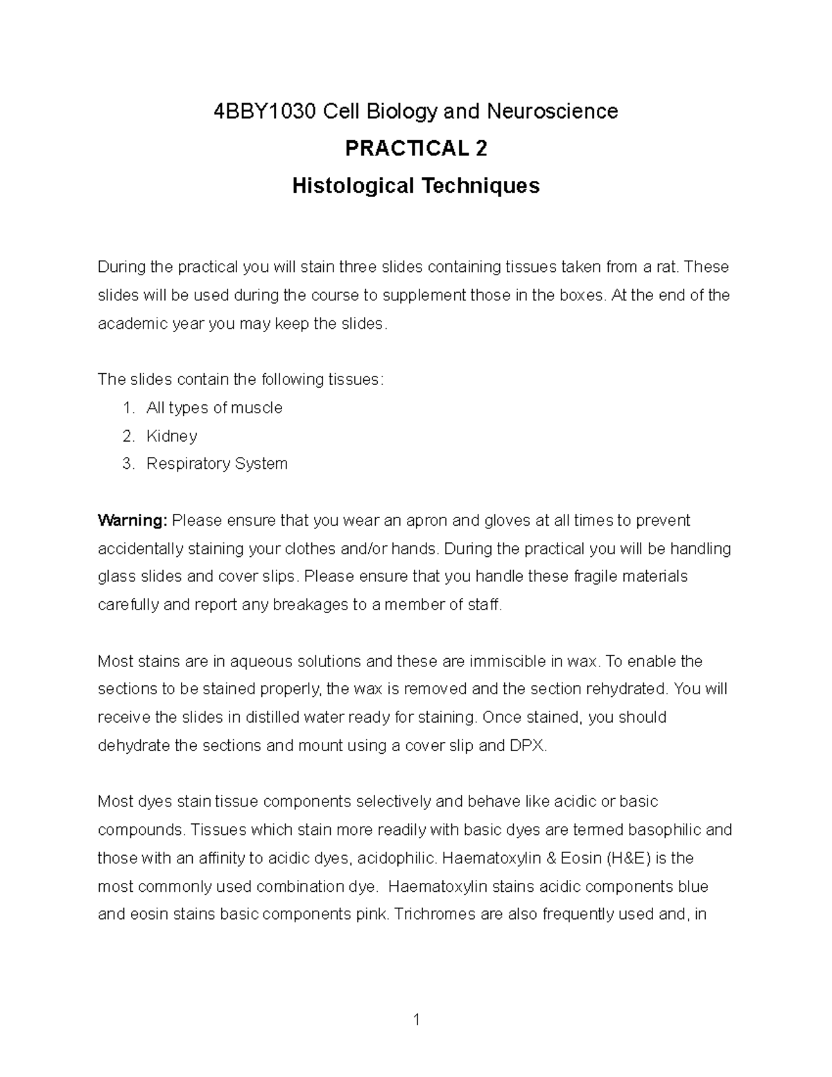 4BBY1030 practical 2 protocol - 4BBY1030 Cell Biology and Neuroscience ...