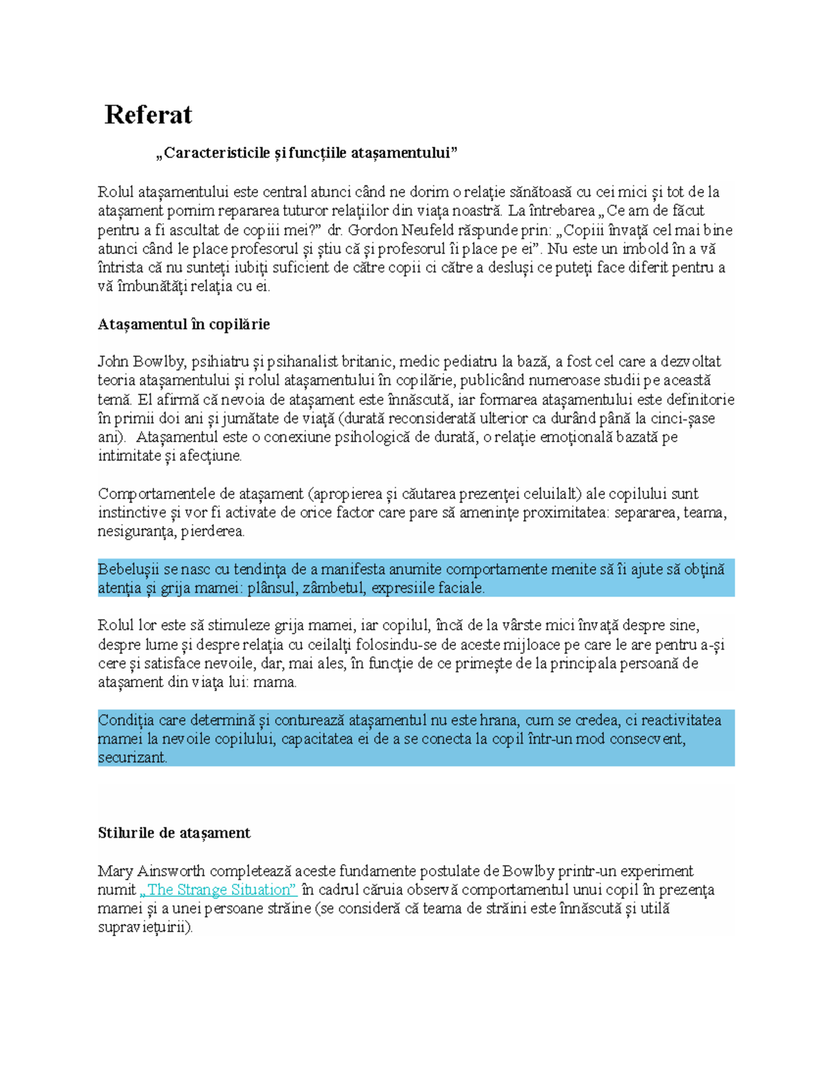 Atasament - Referat „Caracteristicile și funcțiile atașamentului” Rolul ...