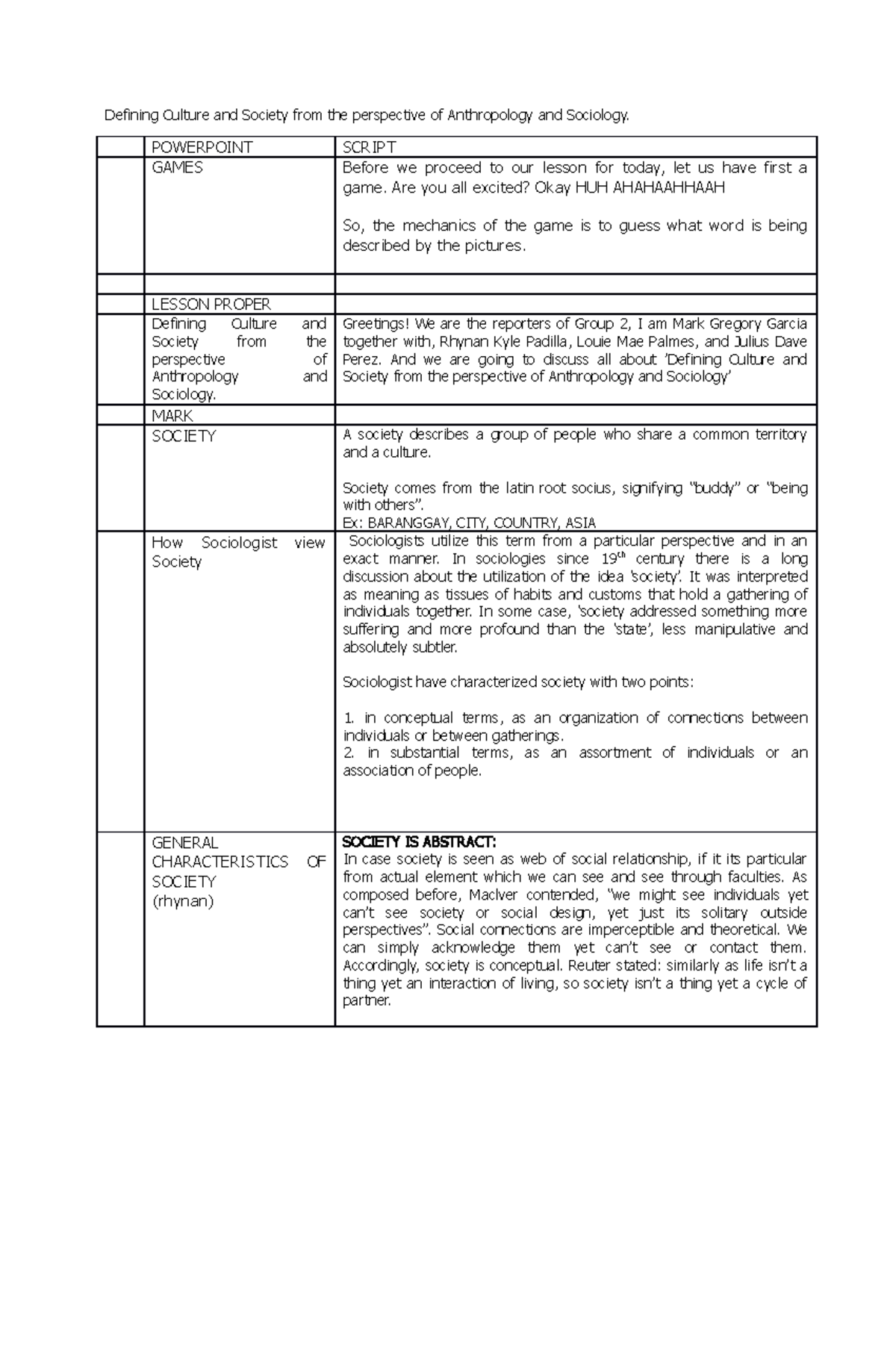 UCSP Script Final SA Finalll SHET - Defining Culture and Society from ...