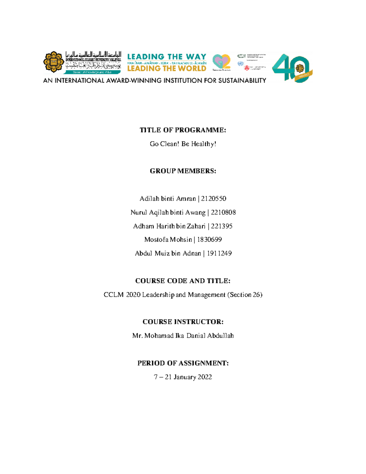 Project CCLM 2020 - leadership - TITLE OF PROGRAMME: Go Clean! Be ...