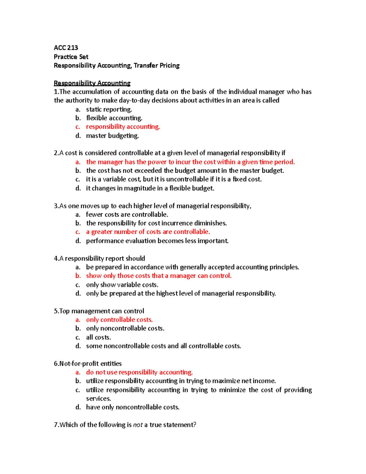ACC 213 D, RA, TP PS Q - ACC 213 Practice Set Responsibility Accounting ...