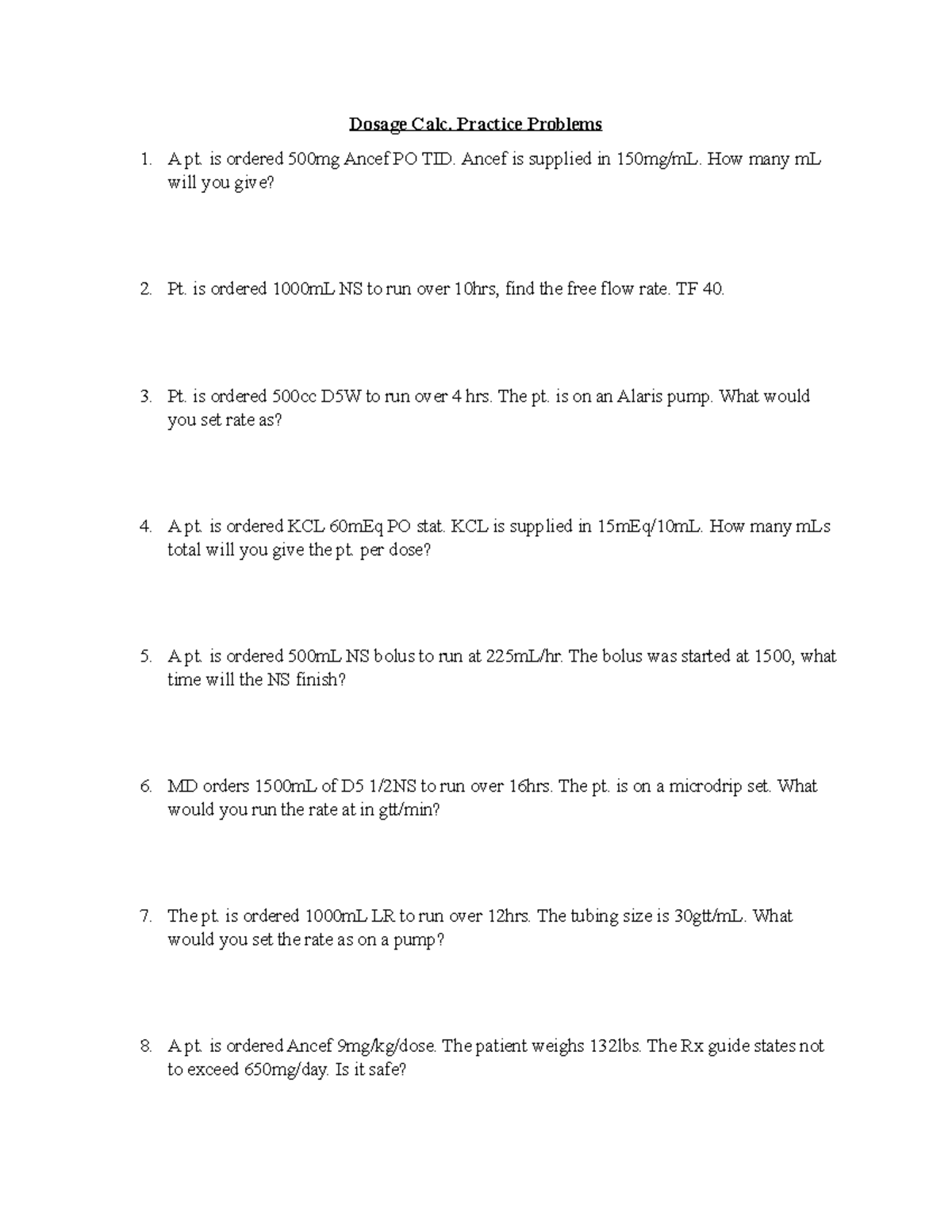 Dosage Calc practice questions - Dosage Calc. Practice Problems A pt ...