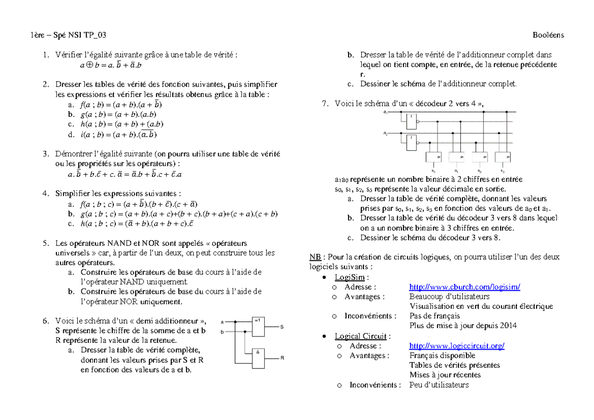 1ère NSI TP03 2019 - Booléens - 1ère – Spé NSI TP_ 03 Booléens 1. Vérifier l’égalité suivante ...