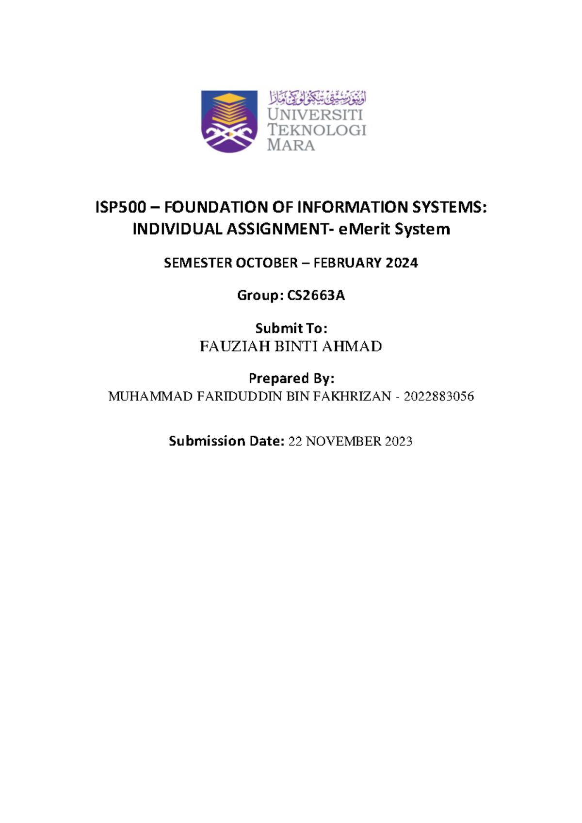 ISP500. Individual Assignment. Muhammad Fariduddin BIN Fakhrizan - ISP50 0 – FOUNDATION OF - Studocu