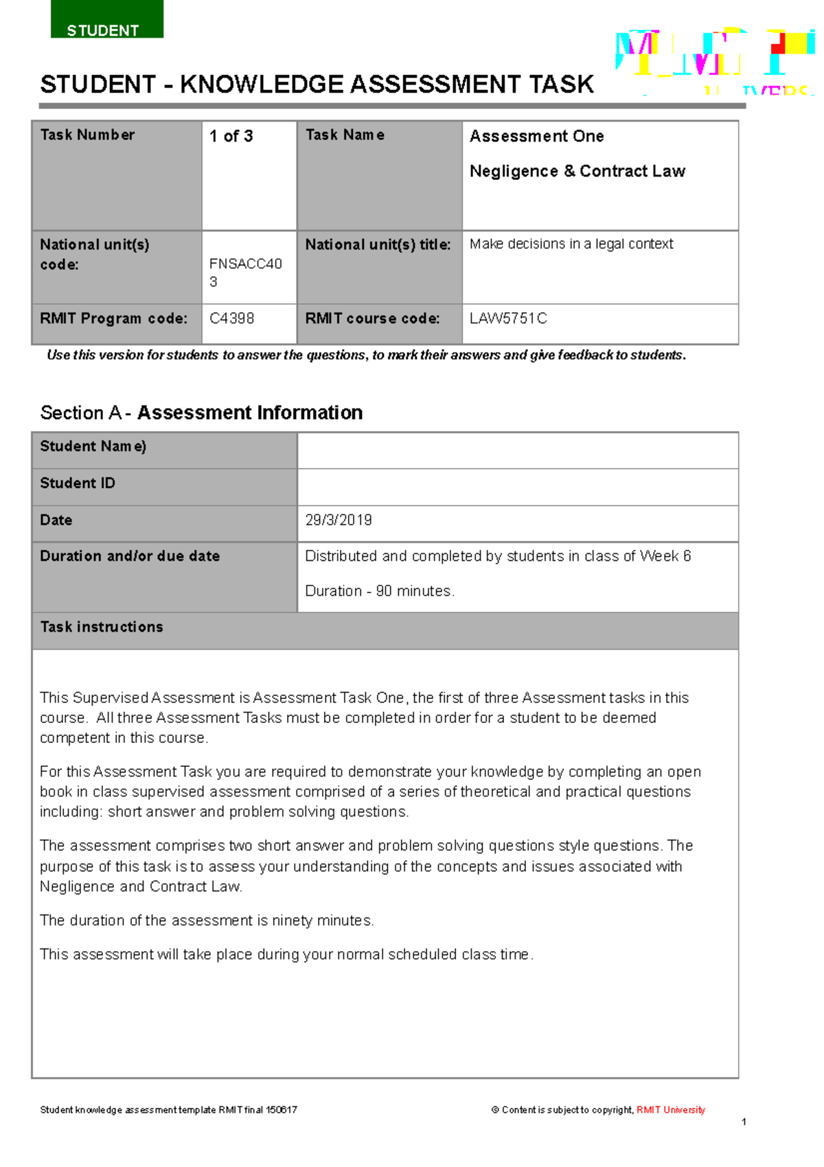 Assessment 1task - STUDENT - KNOWLEDGE ASSESSMENT TASK Task Number 1 of 3 Task Name Assessment ...