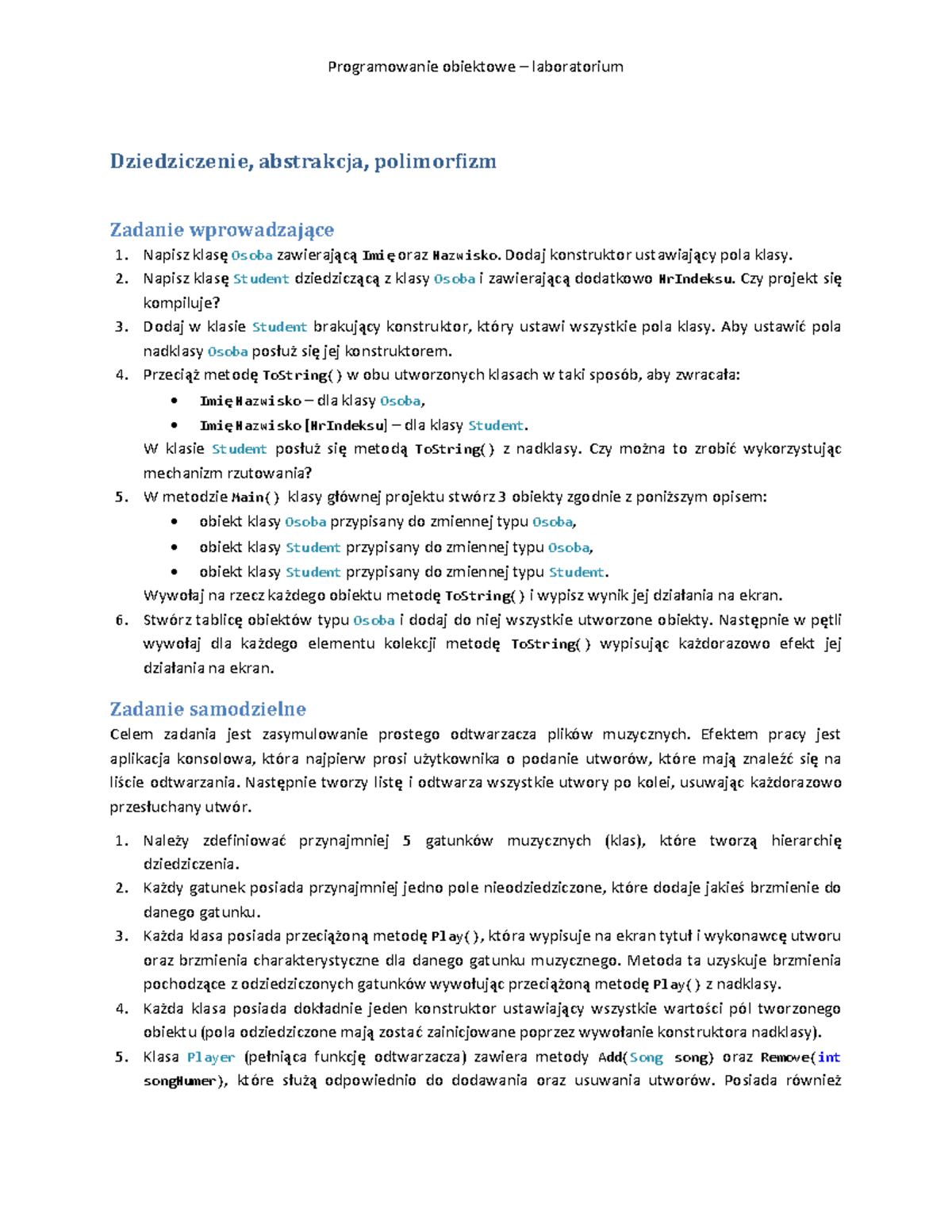 Zadania 03 - Programowanie obiektowe – laboratorium Dziedziczenie ...