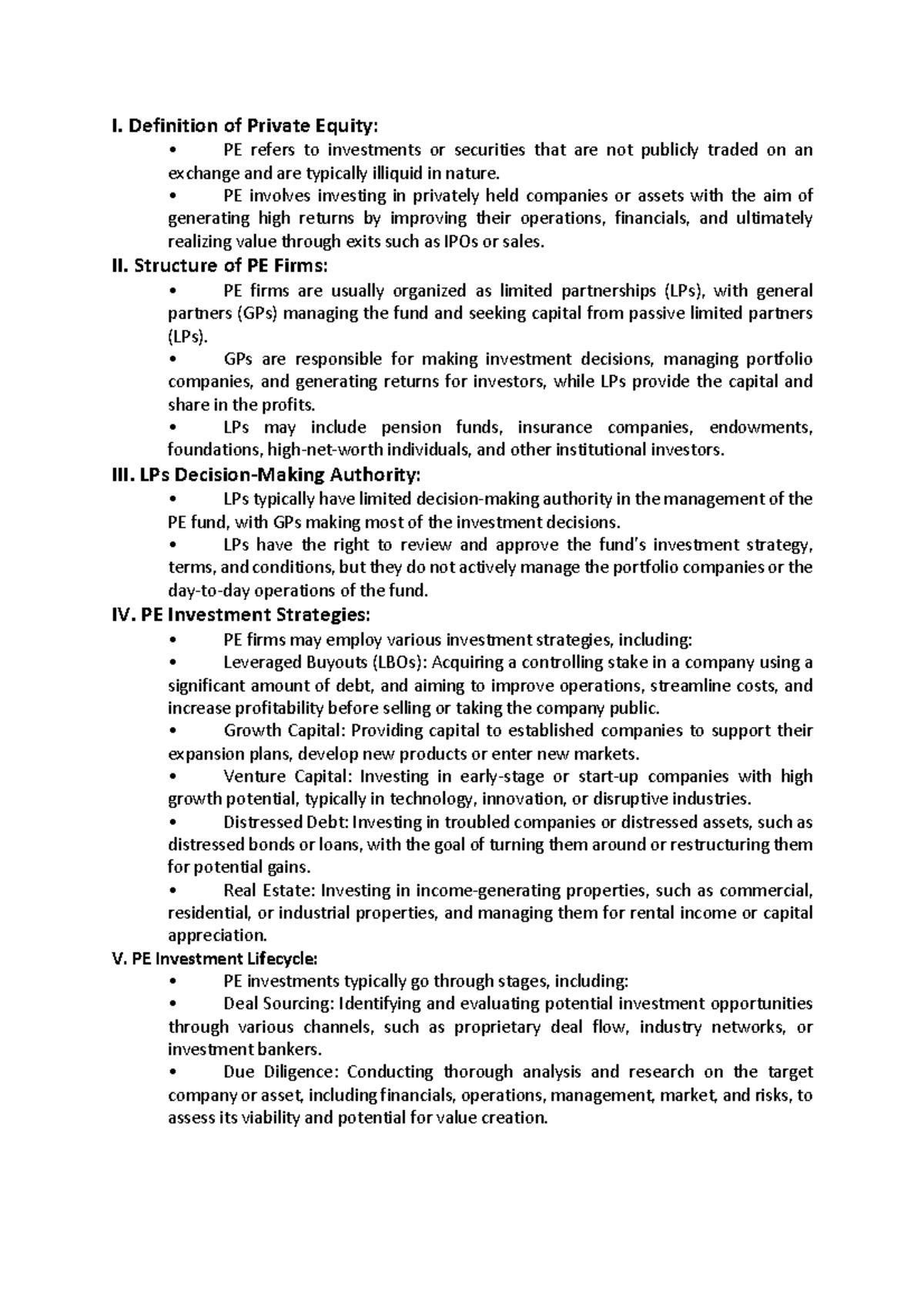 Private equity - I. Definition of Private Equity: PE refers to ...