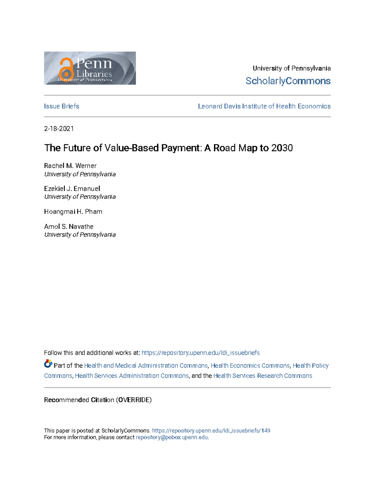 The Future of Value-Based Payment A Road Map to 2030 - Werner ...