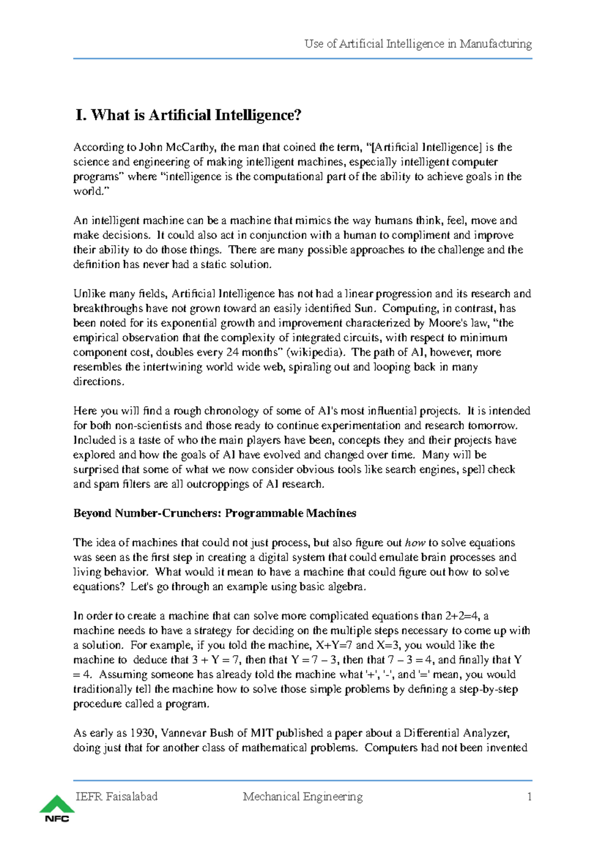 Ai rport - artificial intelligence lab report - Use of Artificial ...