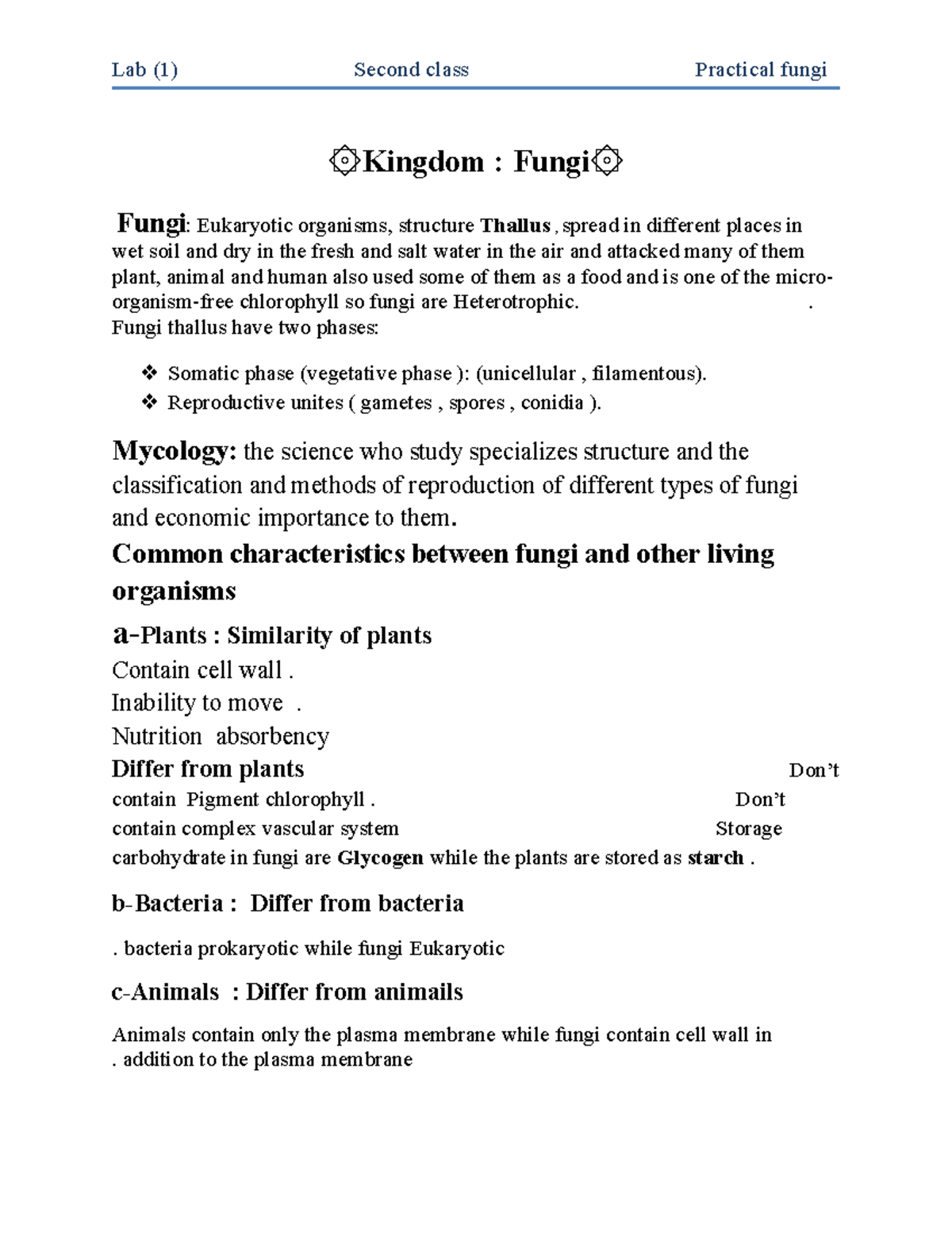 Lab1 - Lab1 - ۞Kingdom : Fungi۞ Fungi: Eukaryotic organisms, structure ...