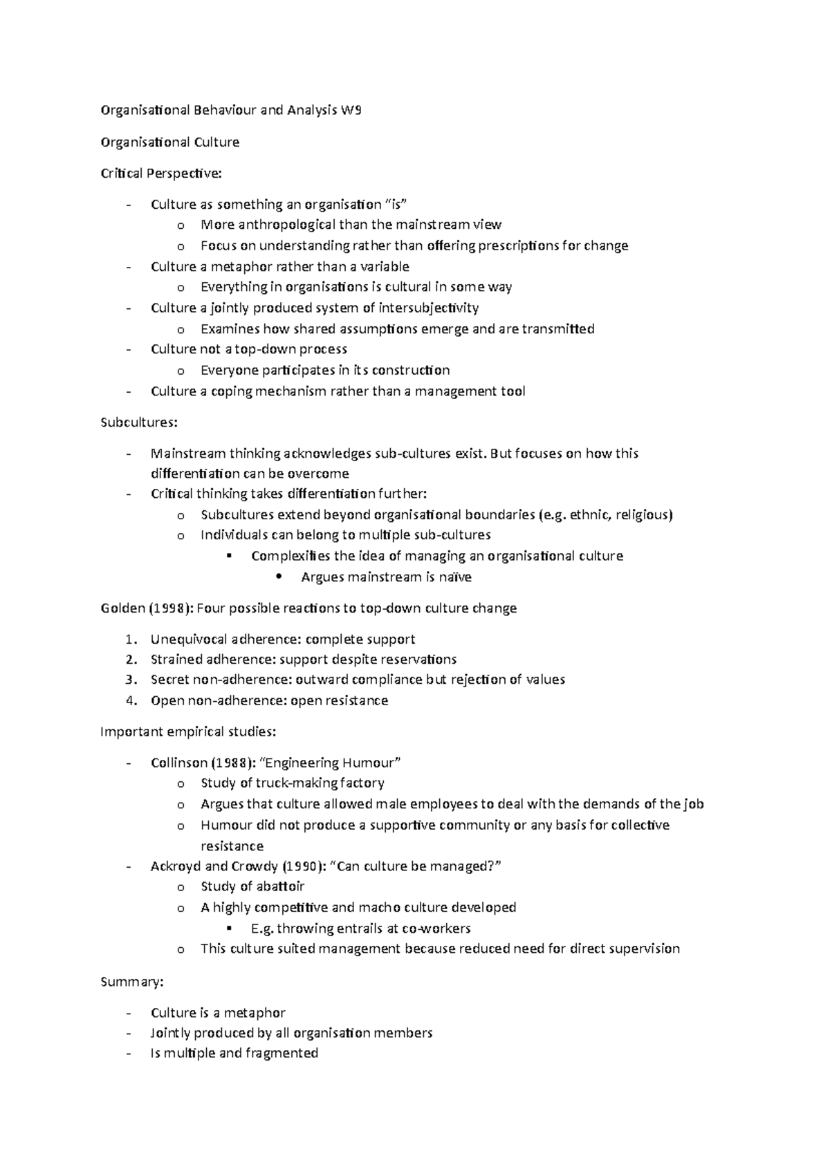 Organisational Behaviour and Analysis W9 - Organisational Behaviour and ...