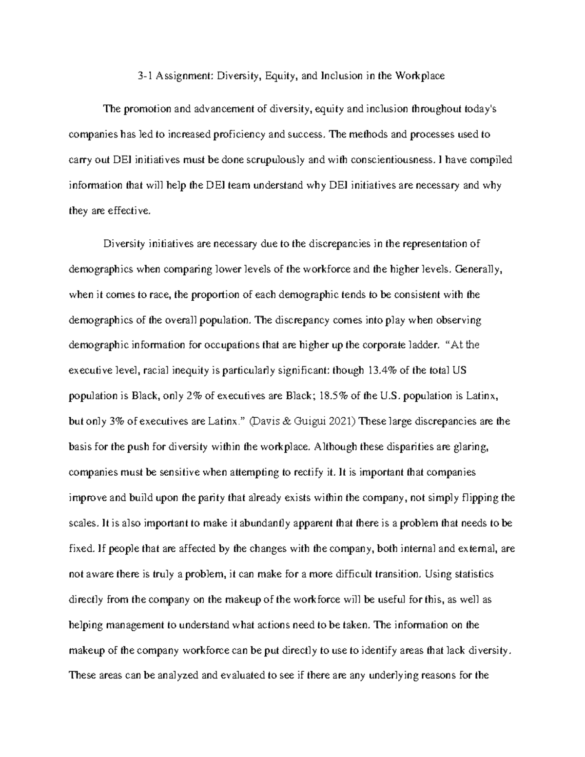 3-1 Assignment Diversity, Equity, and Inclusion in the Workplace - The ...