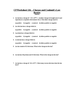 Coulombslawwkst - notes for class - Worksheet: Coulomb’ s Law Name ...