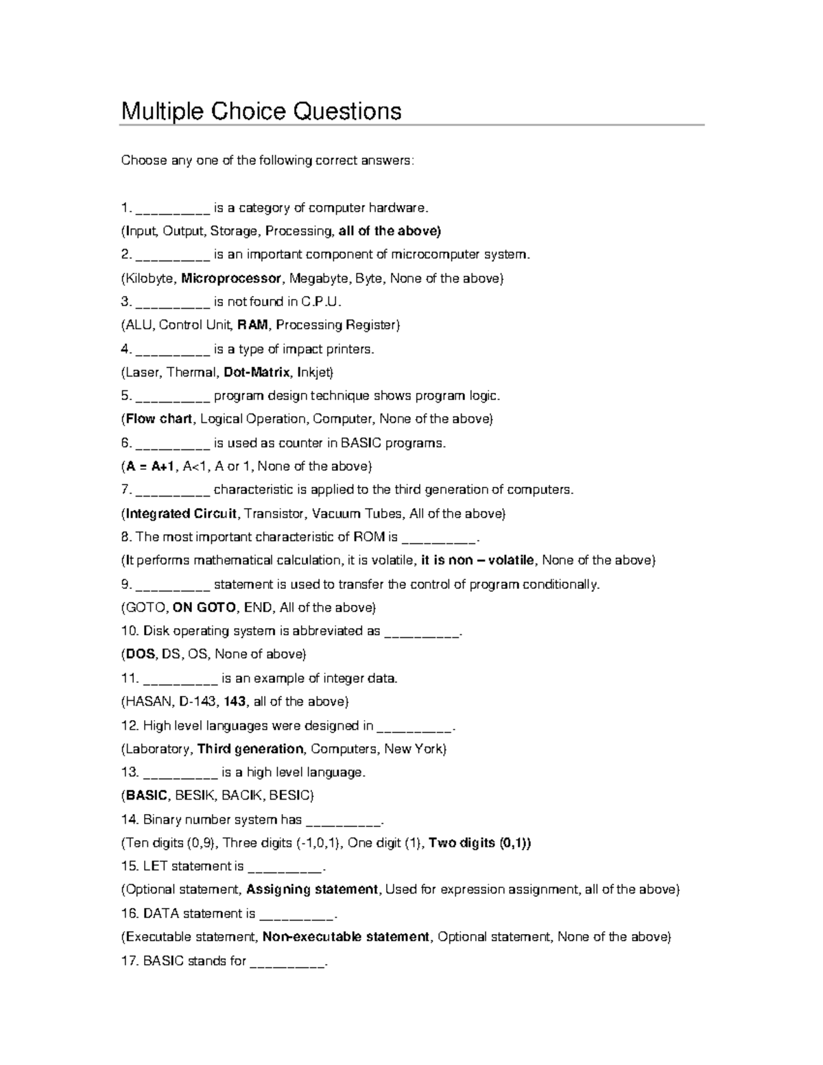 Computer qq - it is for ppsc exam - Multiple Choice Questions Choose ...