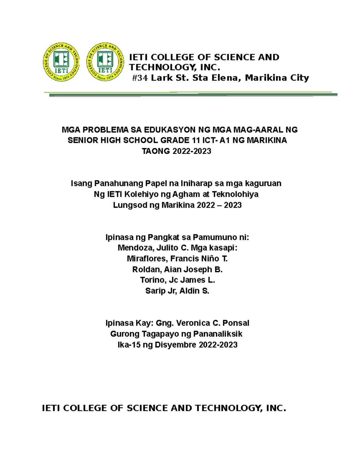 Filipino - rstj - IETI COLLEGE OF SCIENCE AND TECHNOLOGY, INC. #34 Lark ...