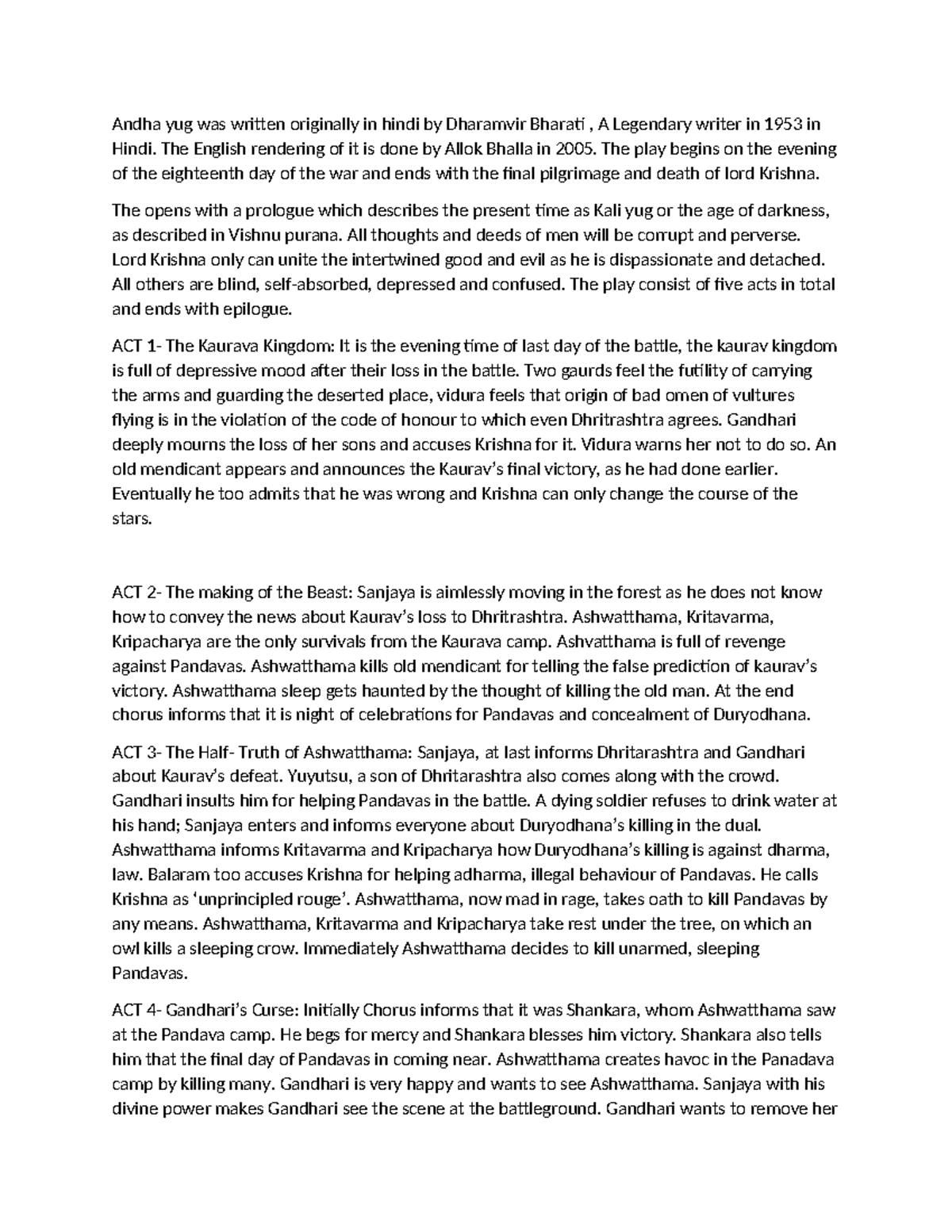 Andha yug by Dharamvir Bharati - Andha yug was written originally in hindi by Dharamvir Bharati ...