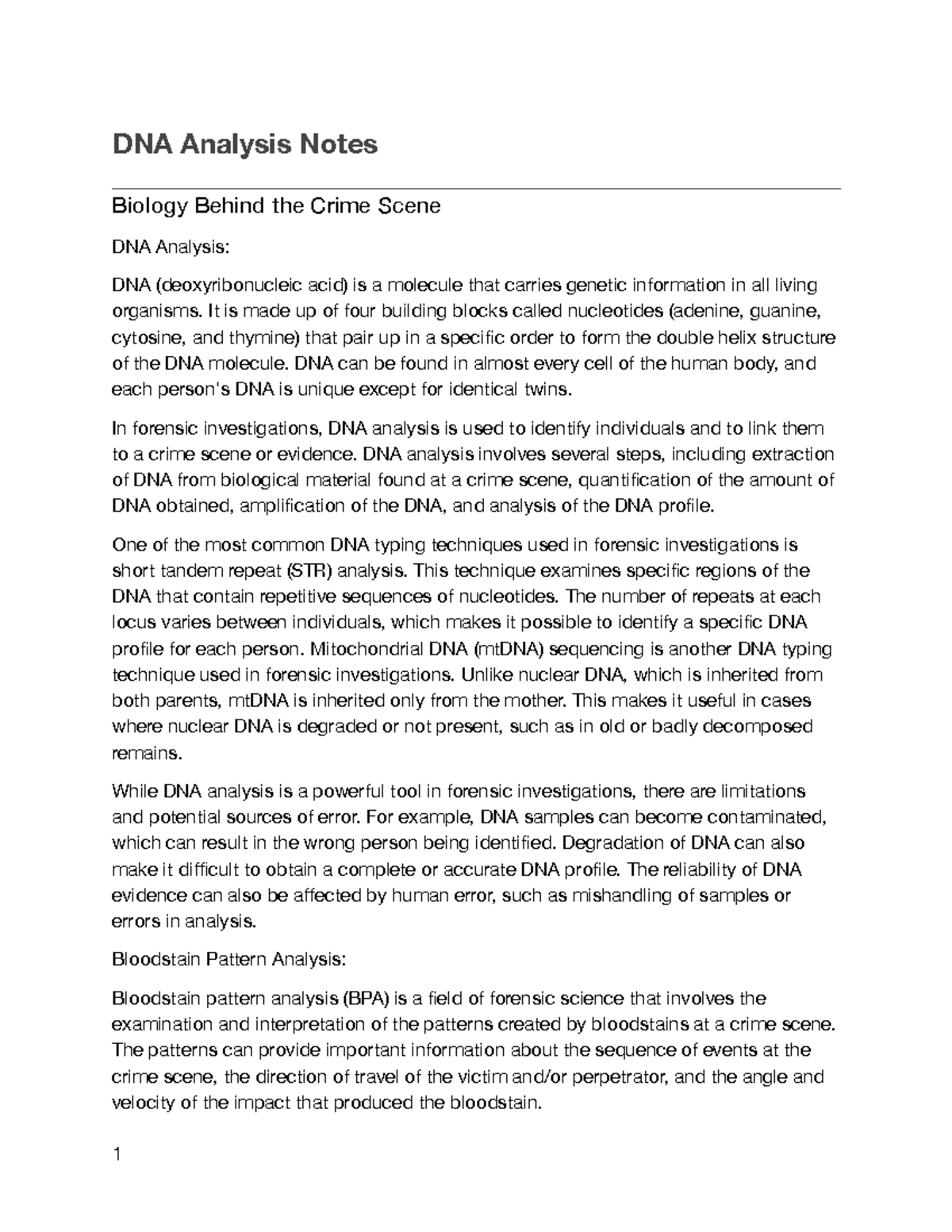 DNA Analysis Notes - DNA Analysis Notes Biology Behind the Crime Scene ...
