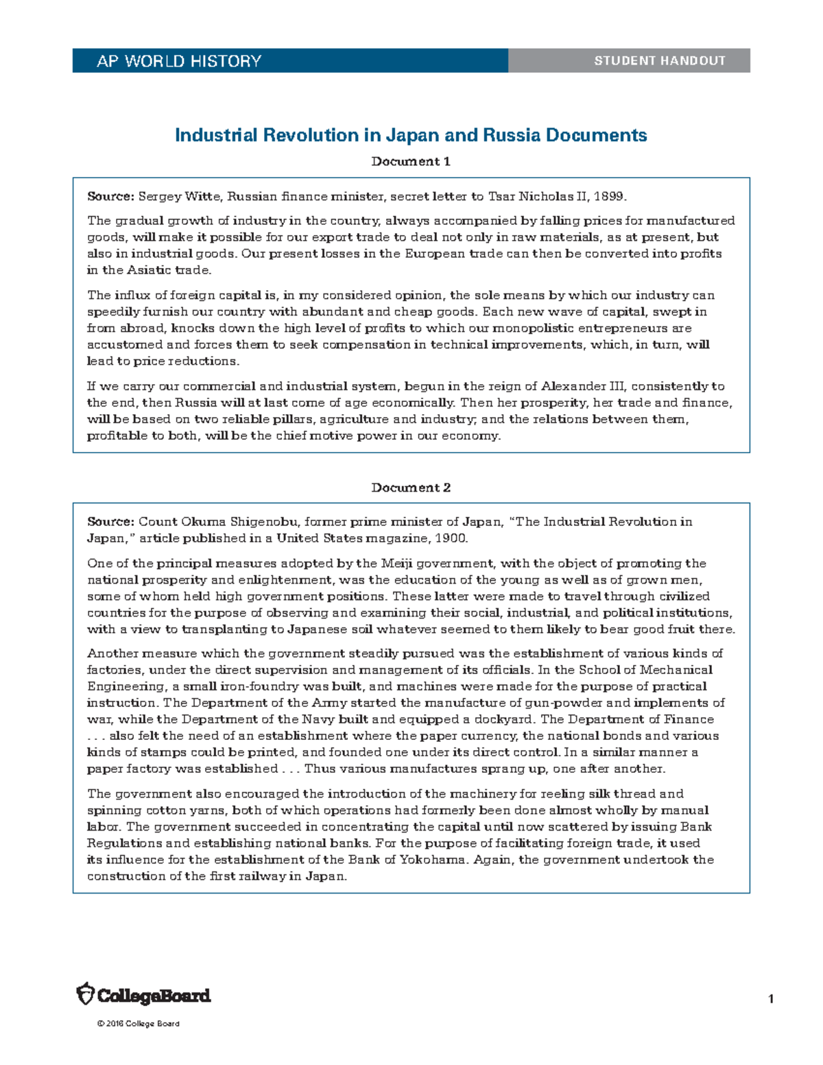 Indusrialization in Japan and Russia DBQ documents - 1 Industrial ...