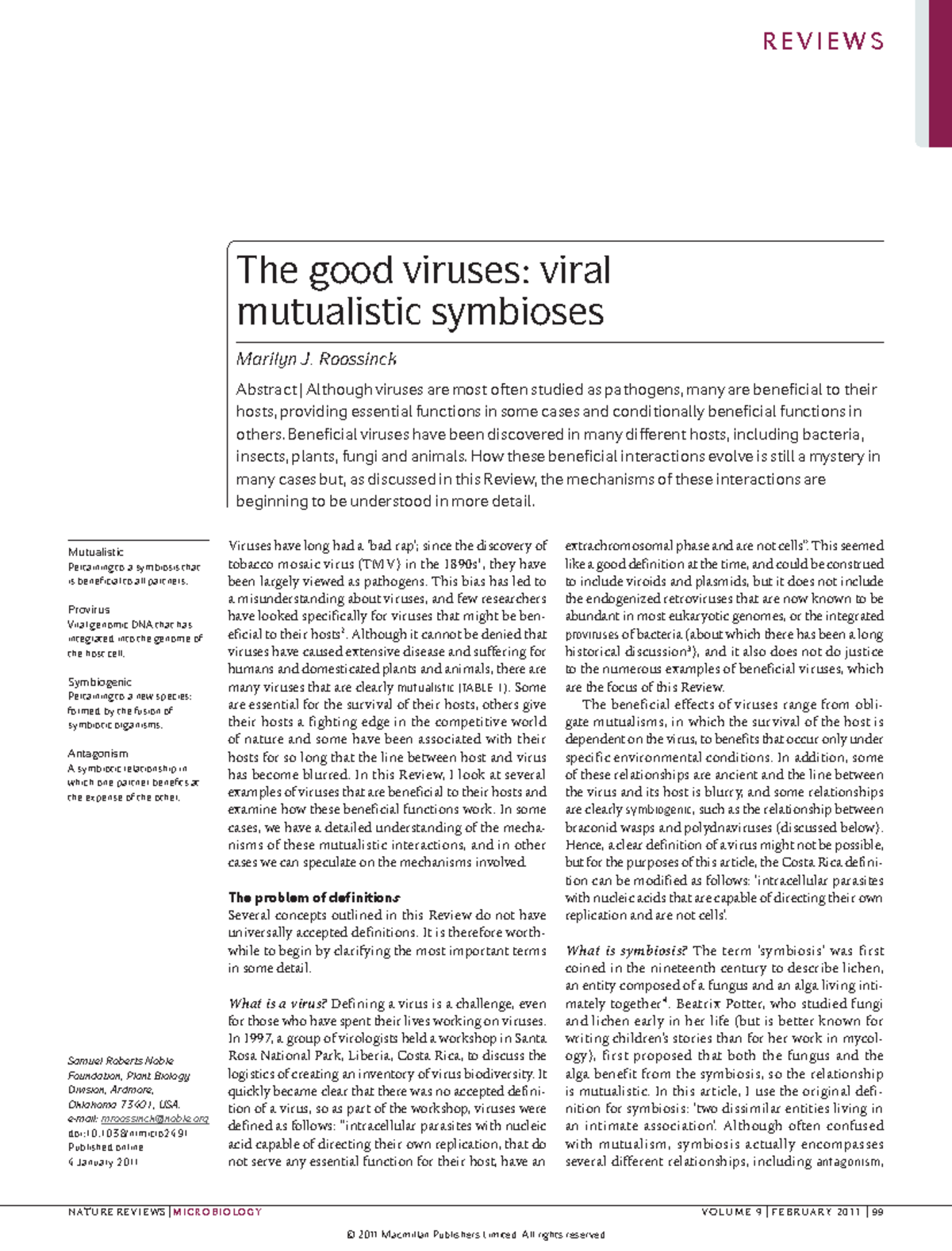The good viruses viral mutualistic symbioses - Roossinck Abstract ...