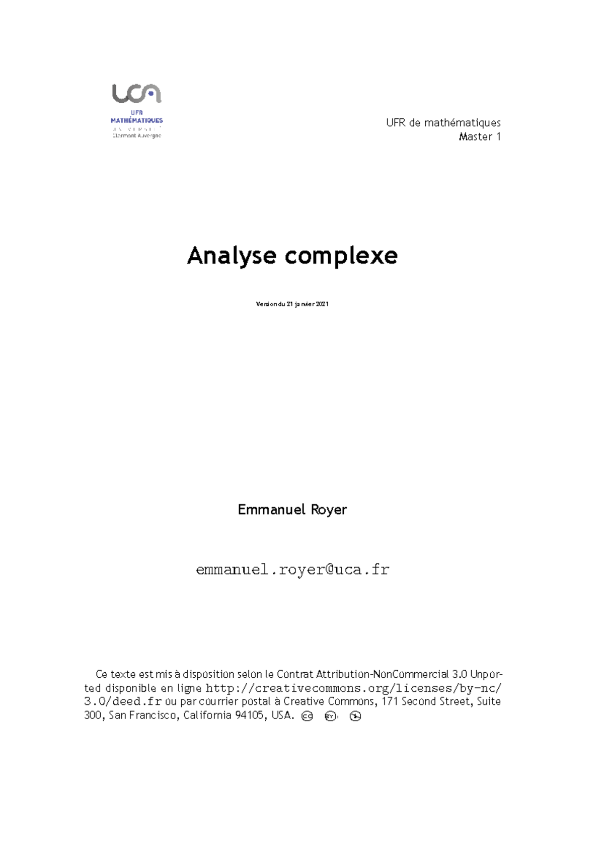 Poly Analyse complexe M1 - UFR de mathématiques Master 1 Analyse ...