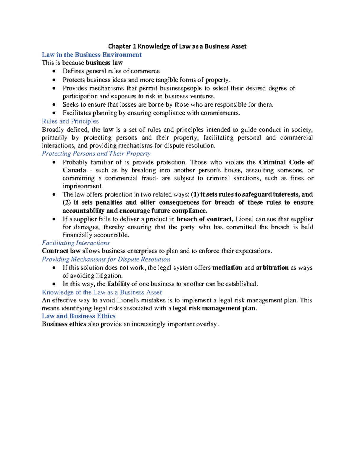 Chapter 1 Lecture Notes - Chapter 1 Knowledge of Law as a Business ...