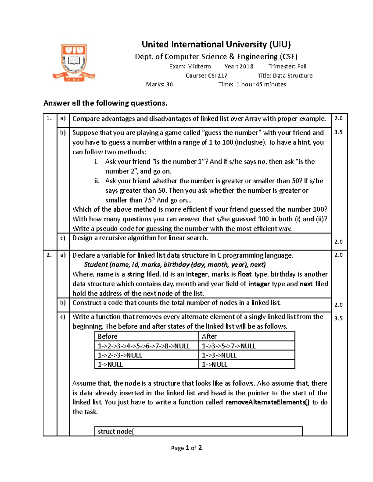 Mid Term Question 183 CSI217 C Mi Ba - United International University (UIU) Dept. of Computer ...