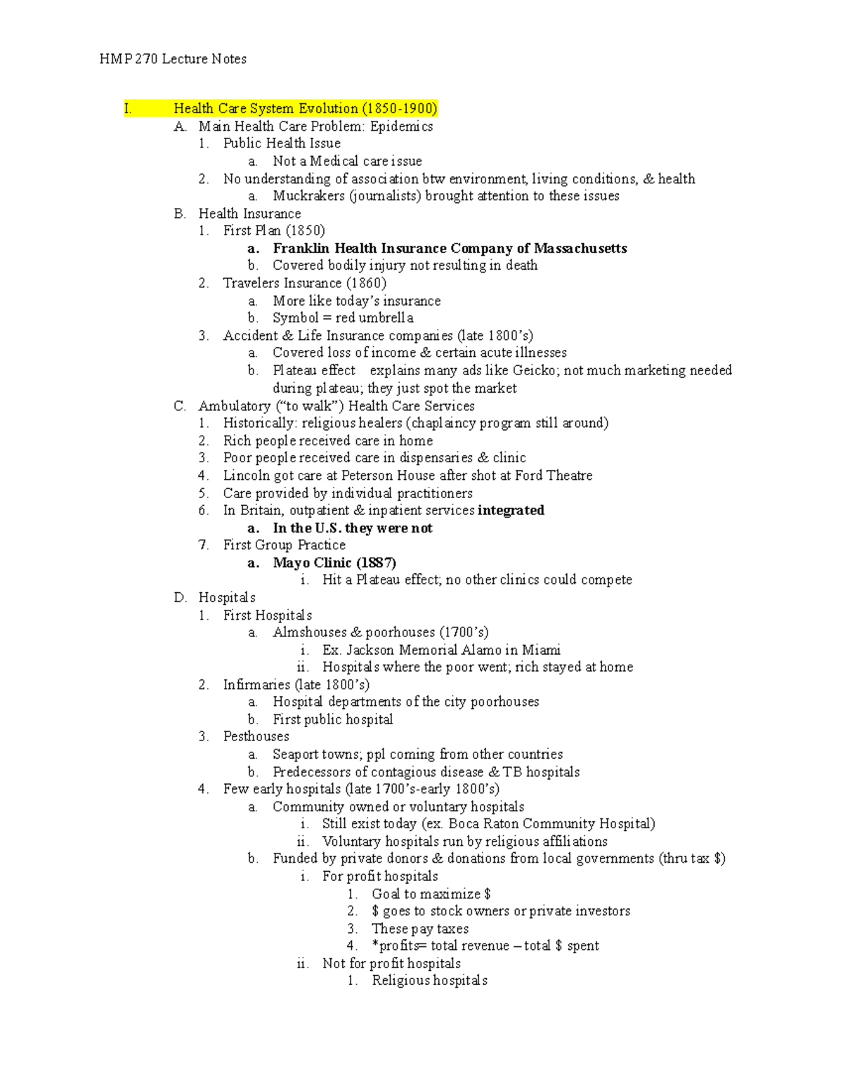 HMP 270 Class Notes - Intro to Health Management and Policy course with ...