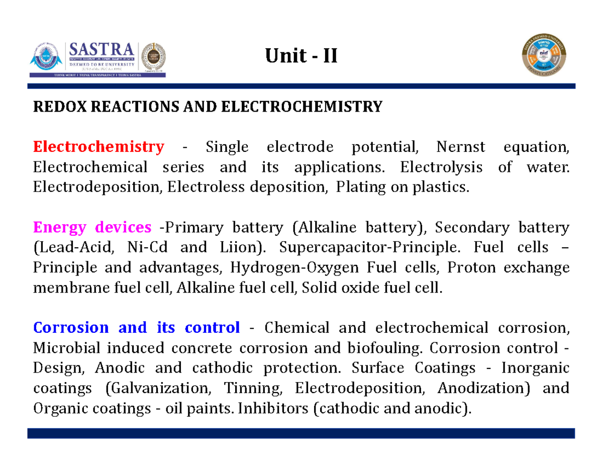 Redox reactions and electrochemistry - Unit - II REDOX REACTIONS AND ...