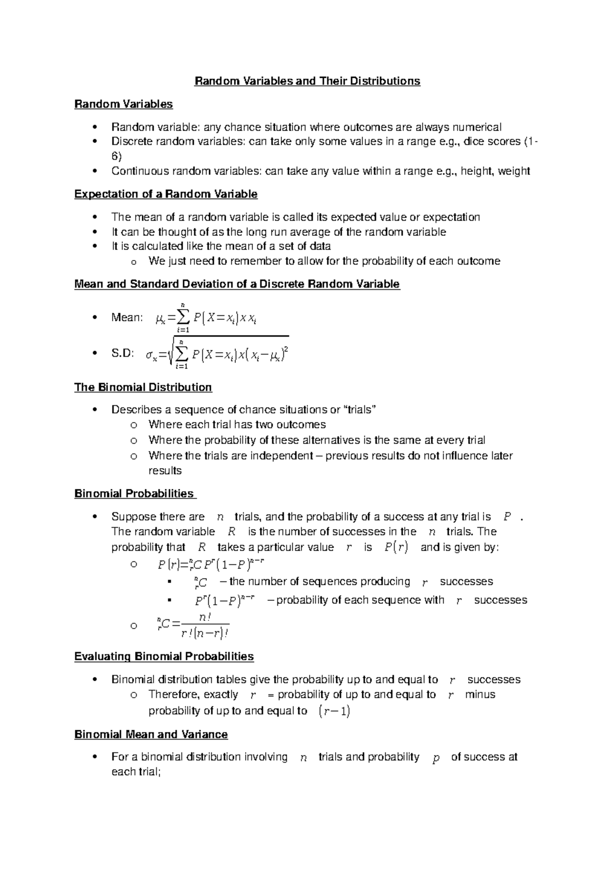 Random Variables and Their Distributions - , dice scores (1- Continuous ...