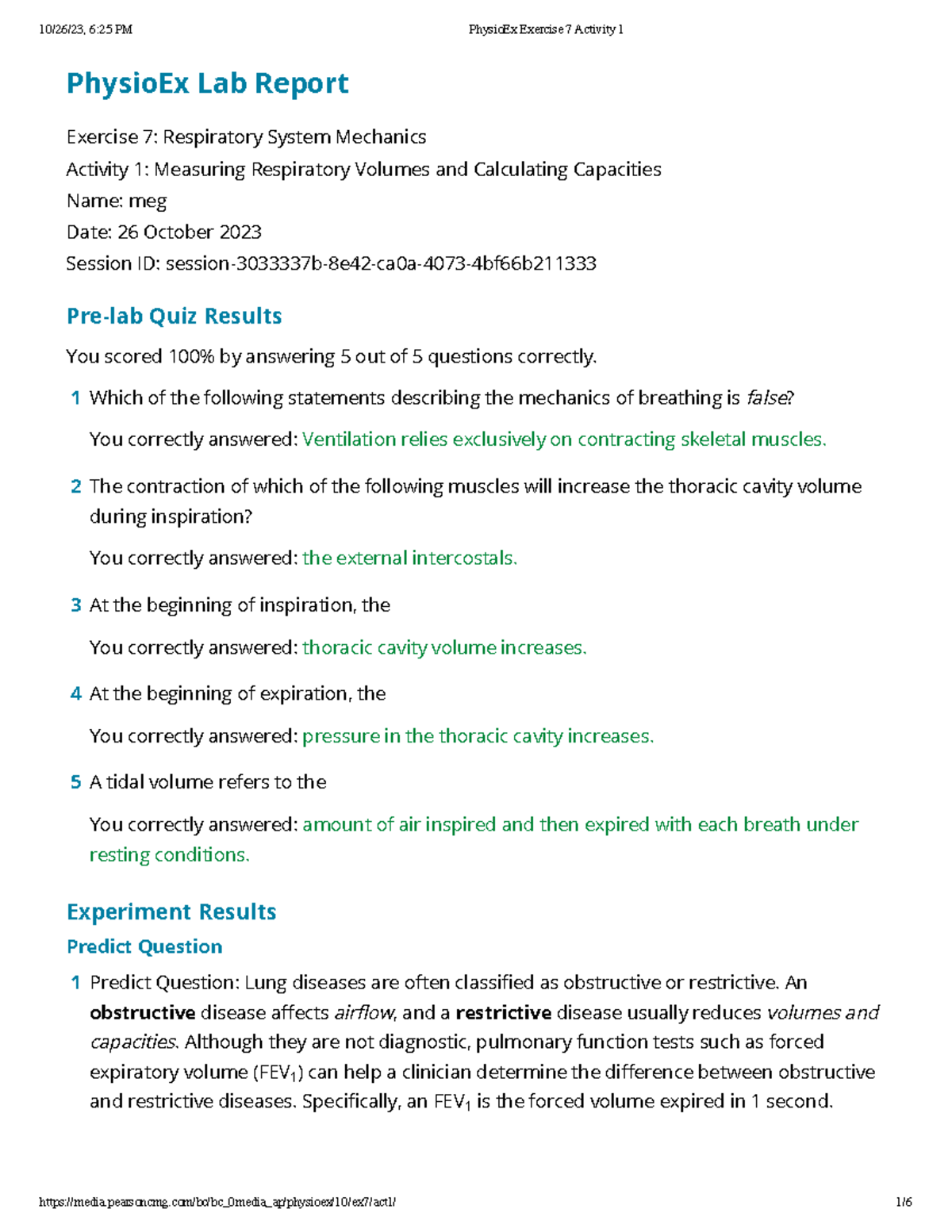 Respir - physioex - PhysioEx Lab Report Exercise 7 : Respiratory System ...
