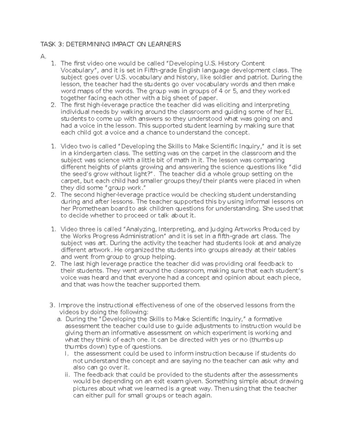 Task 3 Determining Impact On Learners Task 3 Determining Impact On