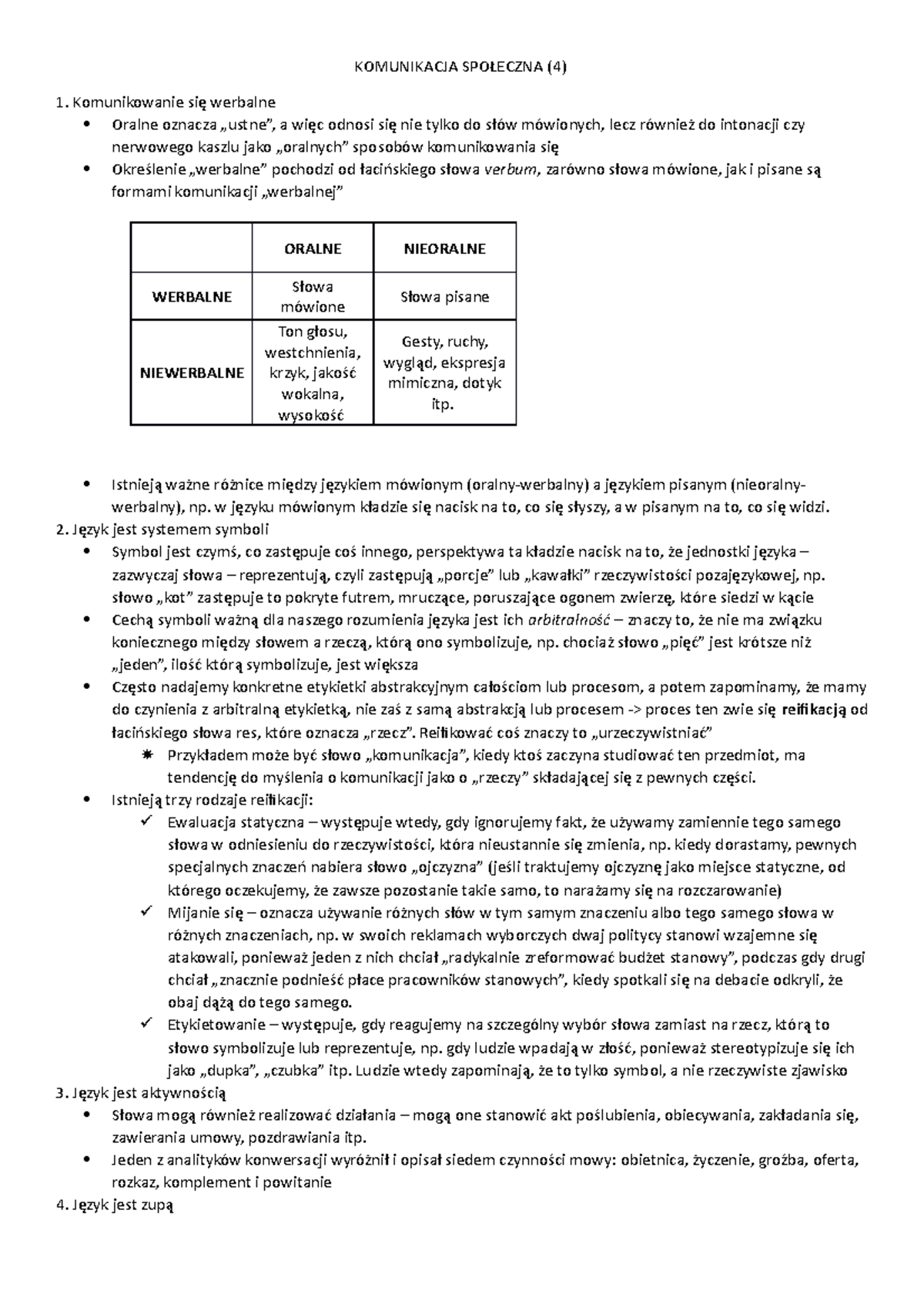 Komunikacja SPOŁ Eczna - KOMUNIKACJA SPOŁECZNA (4) Komunikowanie się werbalne Oralne oznacza ...