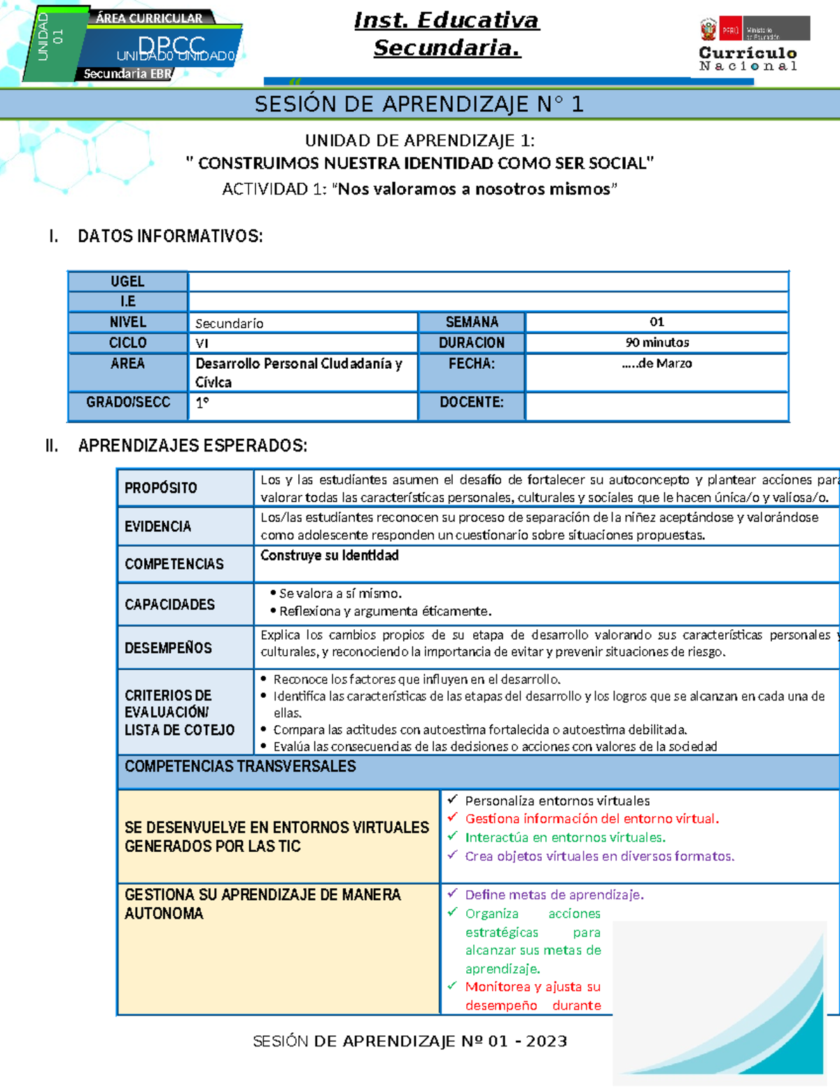 1º DPCC SES 1 UNI 1 SEM 01 - 2023 - Inst. Educativa Secundaria. - Studocu