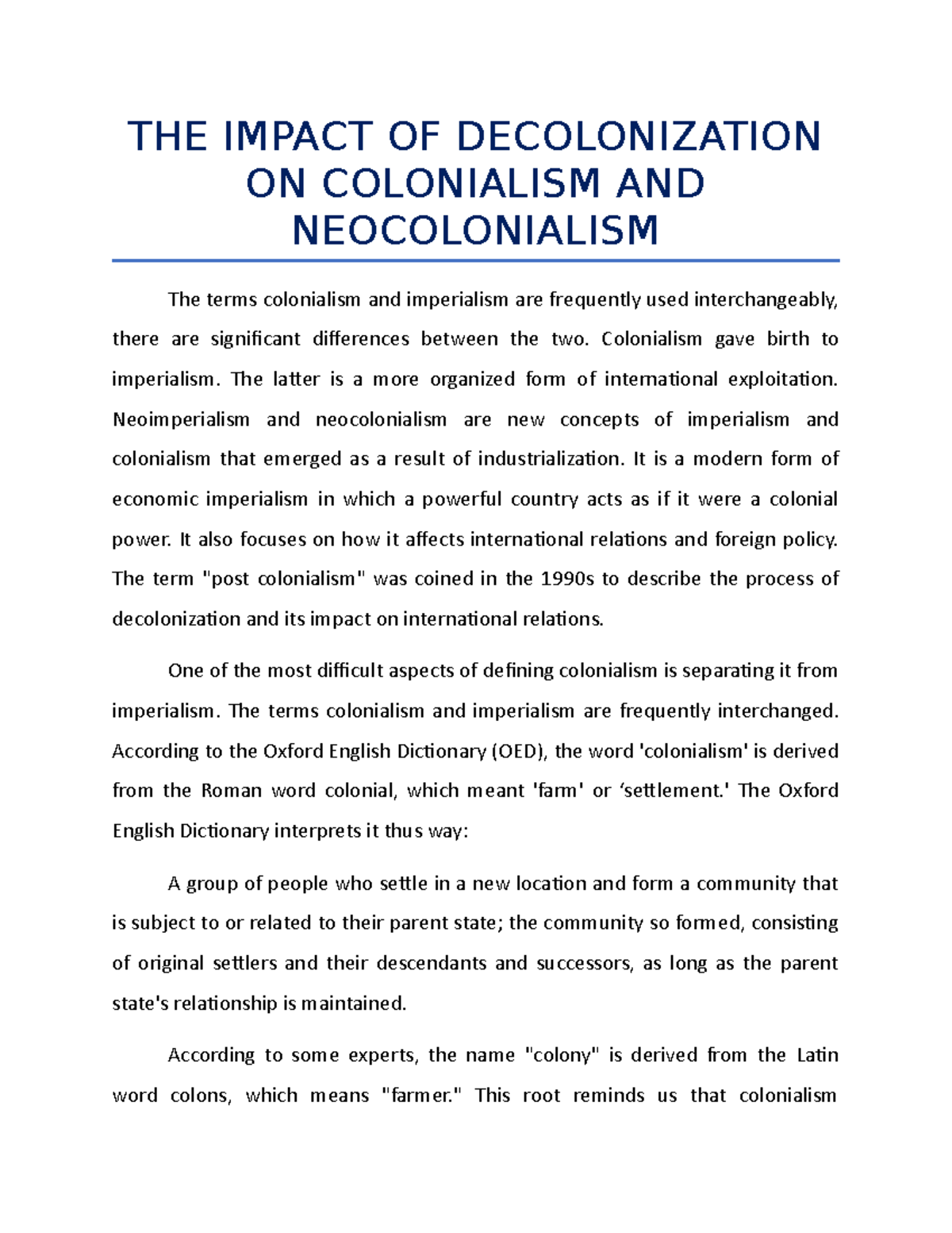 THE Impact OF Decolonization ON Colonialism AND Neocolonialism - THE ...