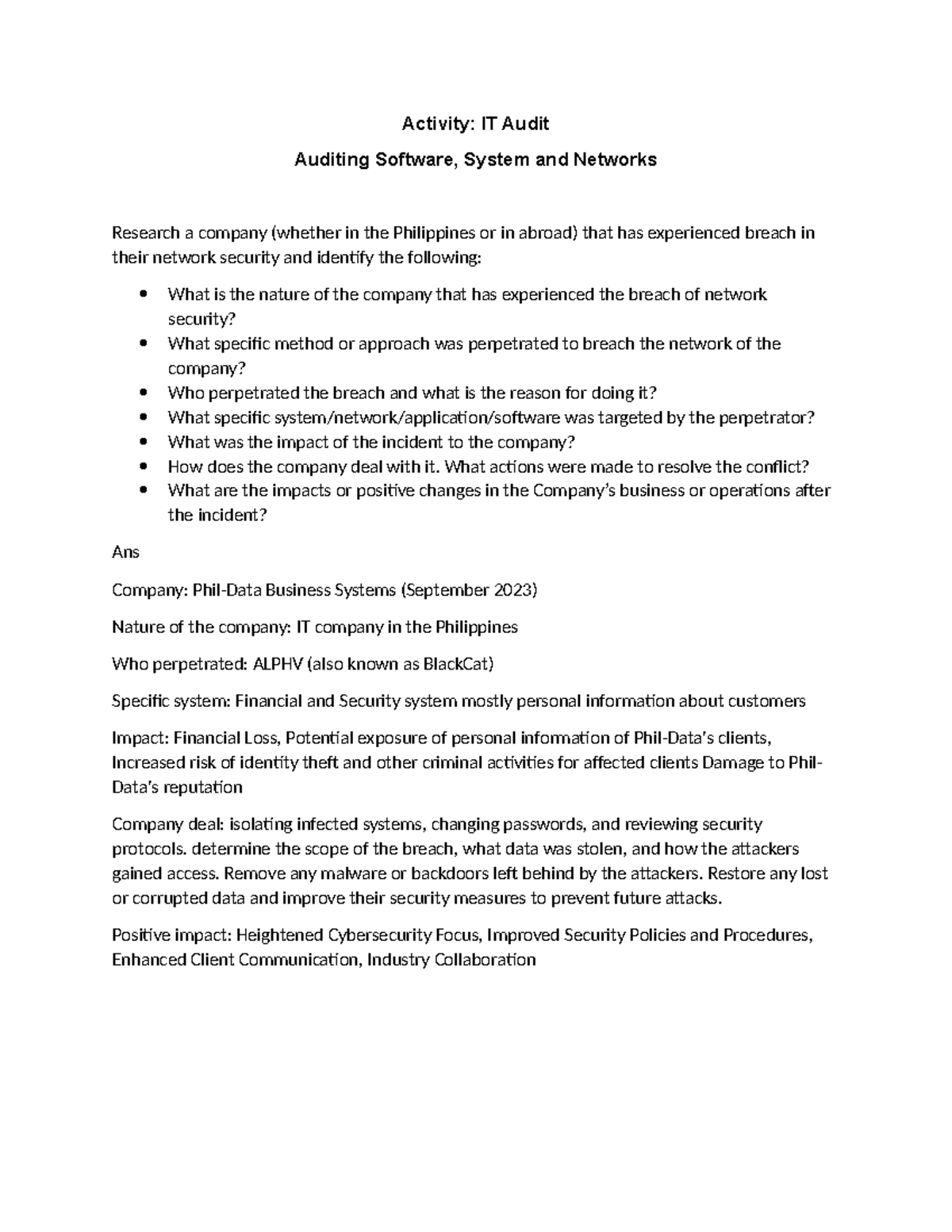 IT-Audit Network-Security - Activity: IT Audit Auditing Software, System and Networks Research a ...