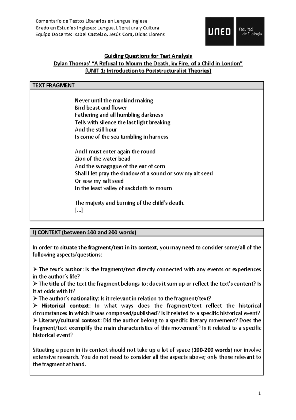 Guiding Questions Text Analysis-Dylan Thomas - Comentario de Textos ...