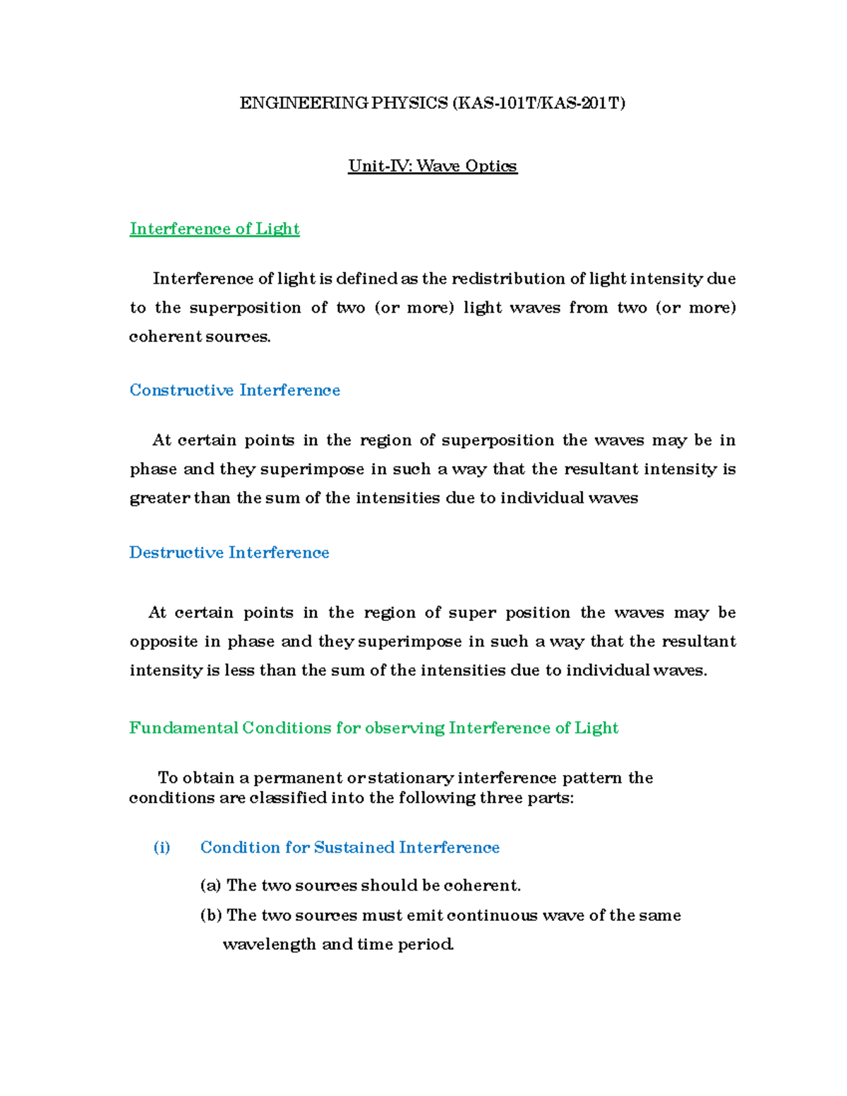 Interference L1 - ####### ENGINEERING PHYSICS (KAS-101T/KAS-201T ...