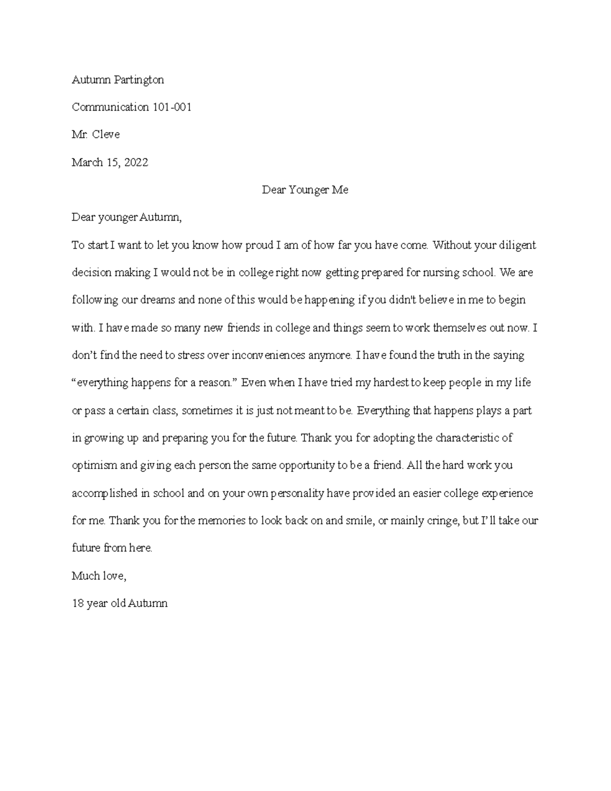 Dear Younger Me Essay (Comm) (Mr. Steve) - Autumn Partington ...
