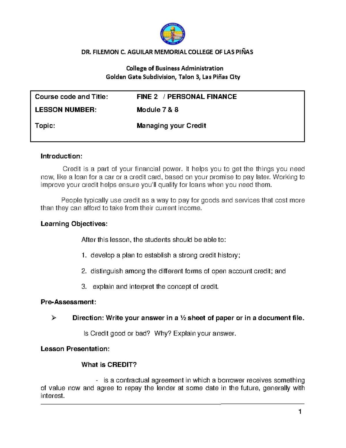 Module 7 8 FINE - study well - DR. FILEMON C. AGUILAR MEMORIAL COLLEGE ...