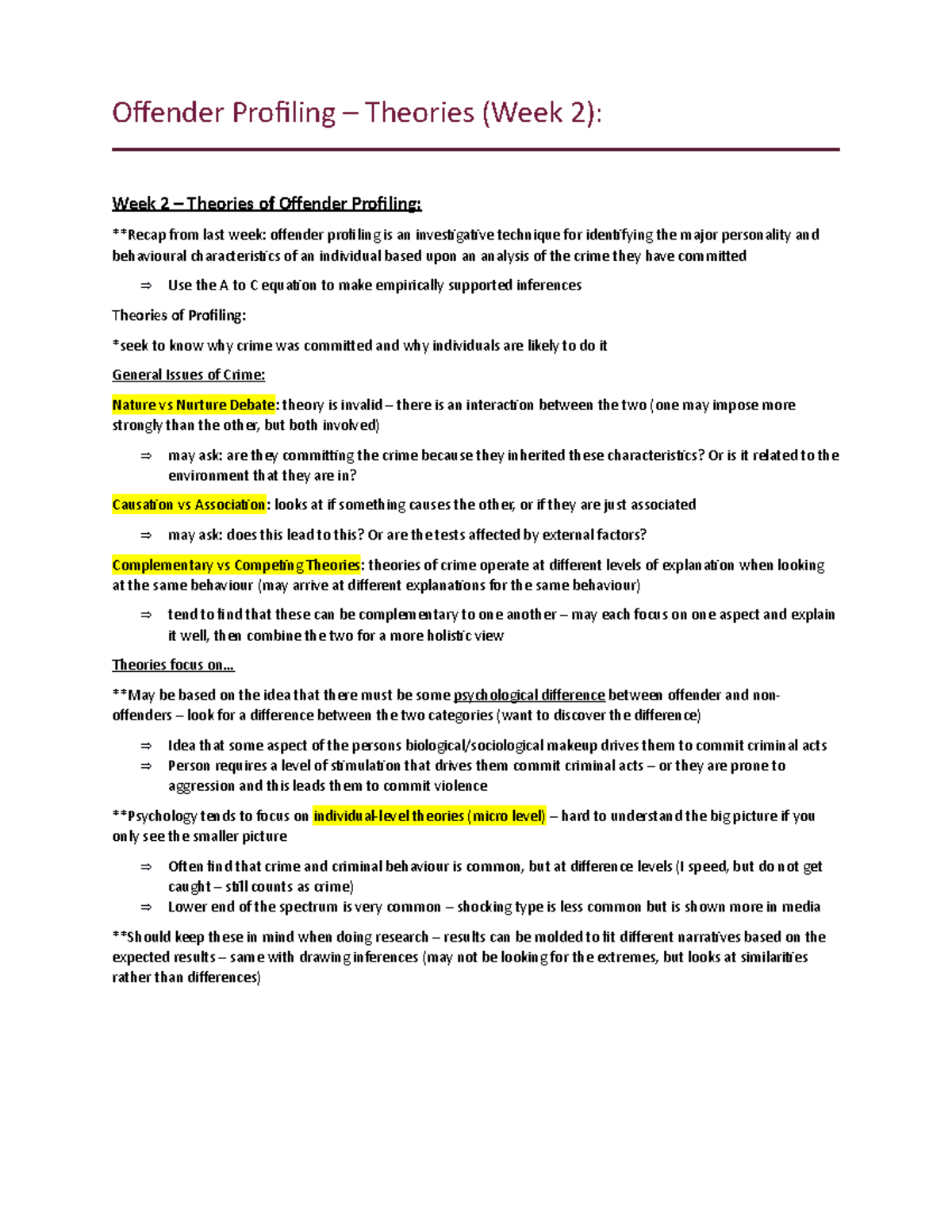 Week 2 notes - Prof: Dr Vettor - Offender Profiling – Theories (Week 2 ...