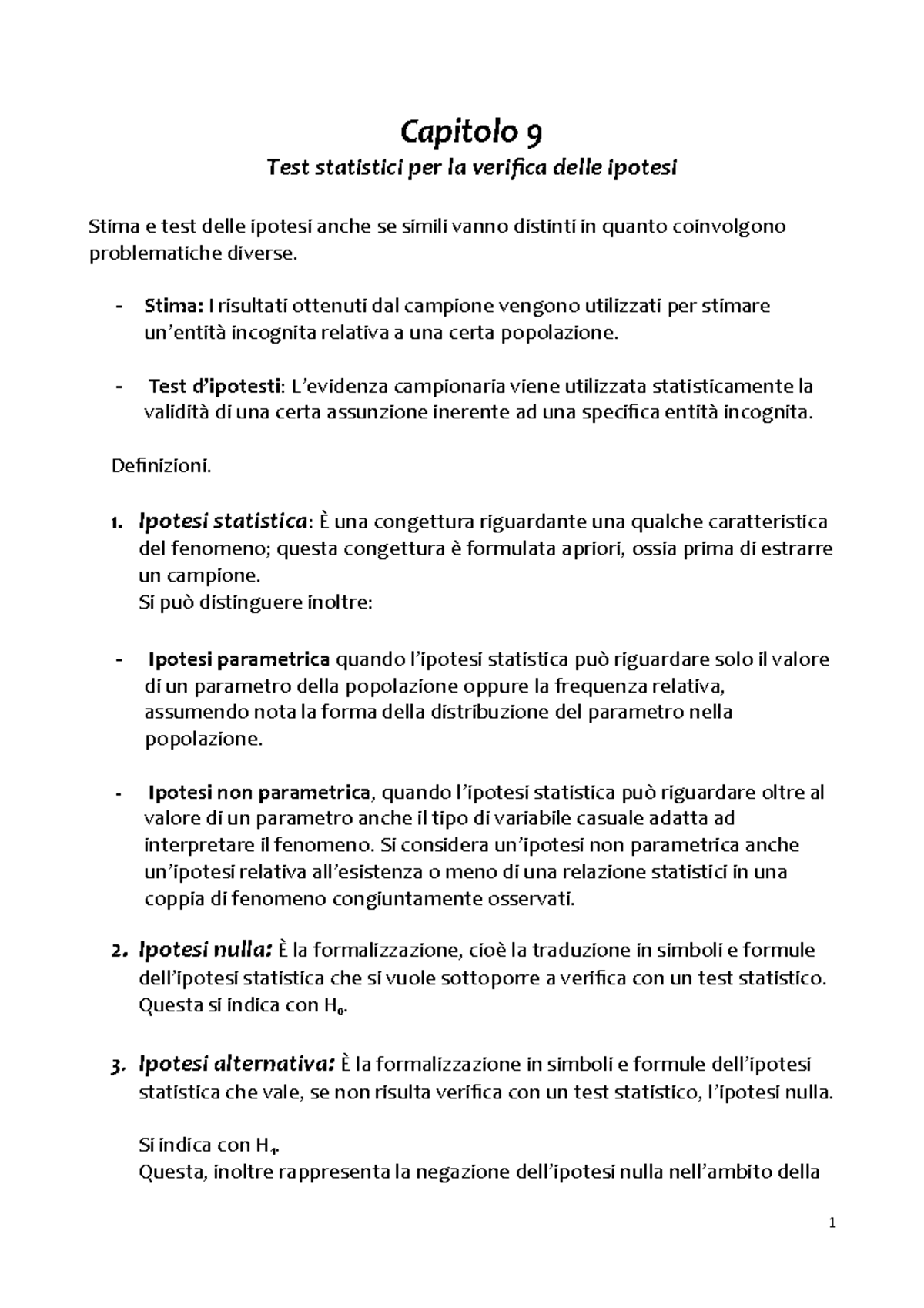 Capitolo 9 Statistica, TEST D' Ipotesi - Capitolo 9 Test statistici per ...