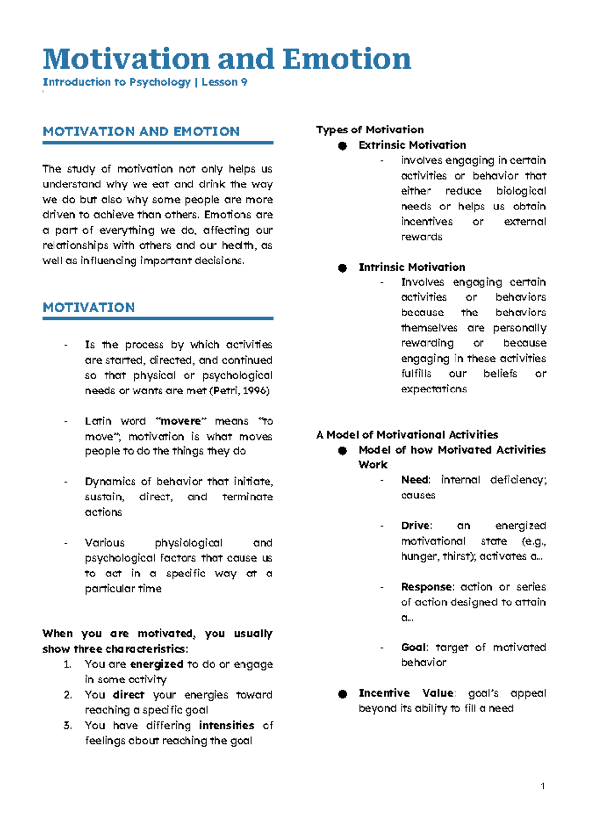 Motivation and Emotion - Motivation and Emotion Introduction to ...
