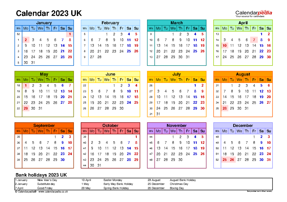 Calendar 2023 - Calendar 2023 UK Wk Mo Tu We Th Fr Sa Su Wk Mo Tu We Th ...