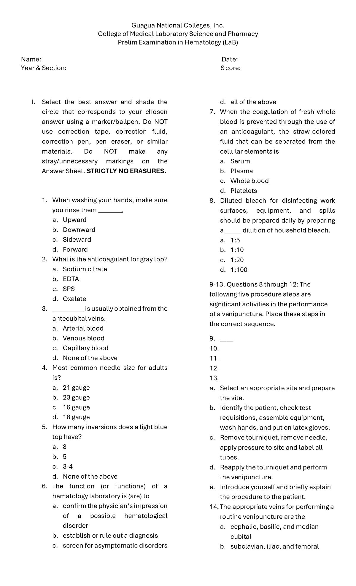 Hema Lab B Prelims - A set of questions to review your knowledge on ...