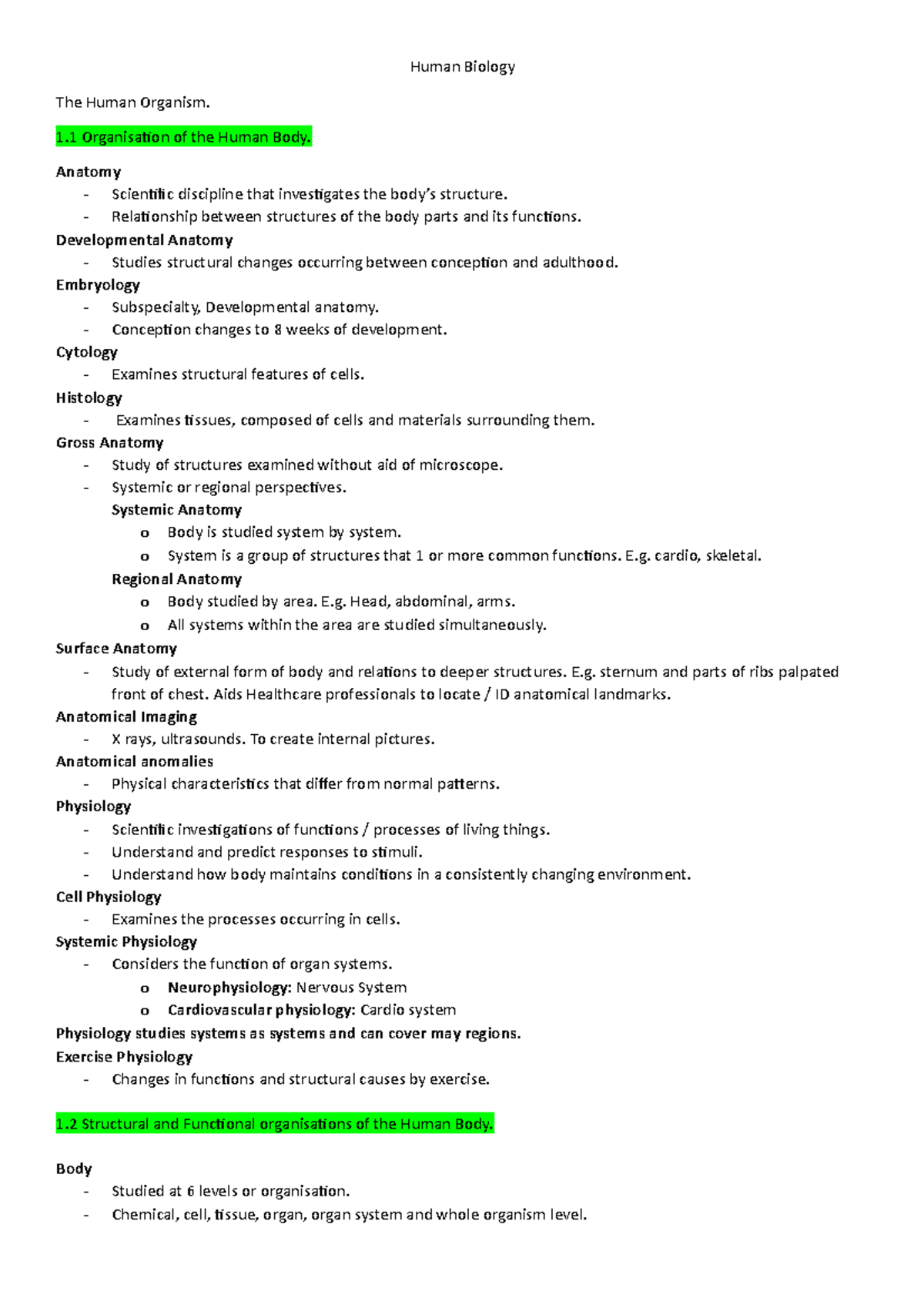 HSF and ISAP lecture notes - Human Biology The Human Organism. 1 ...