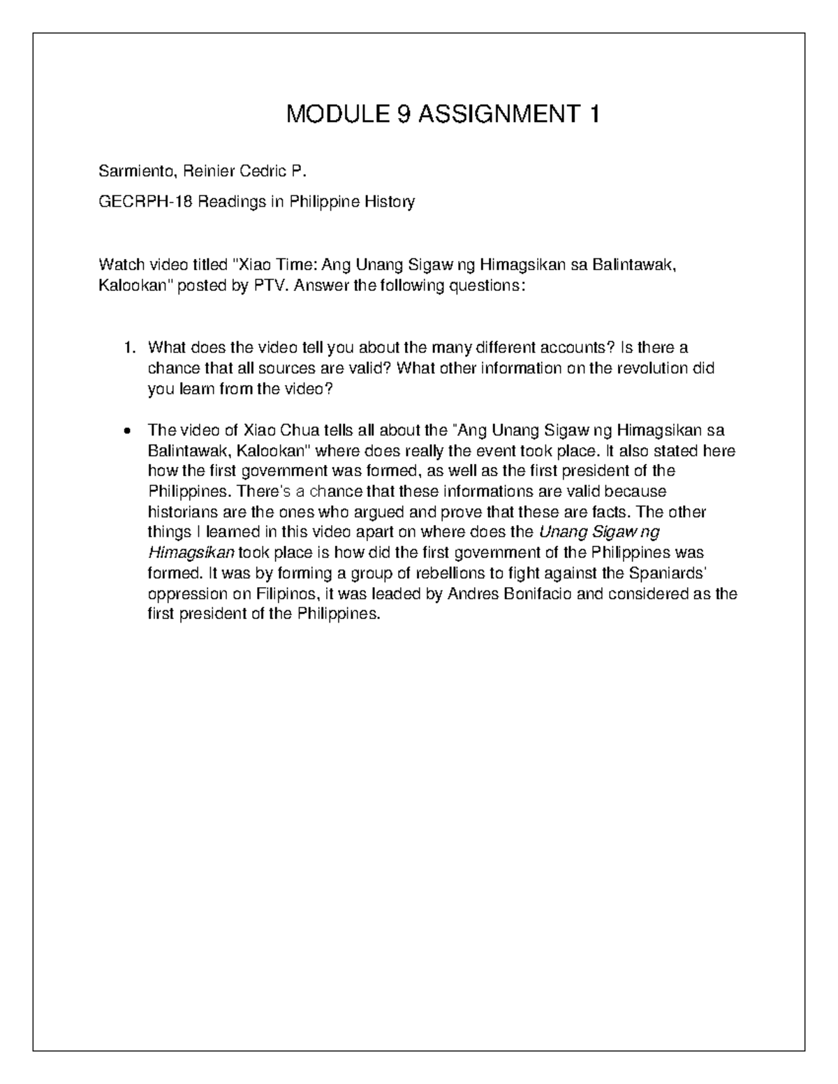 Module 9 Assignment 1 - Philippine History - MODULE 9 ASSIGNMENT 1 Sarmiento, Reinier Cedric P ...