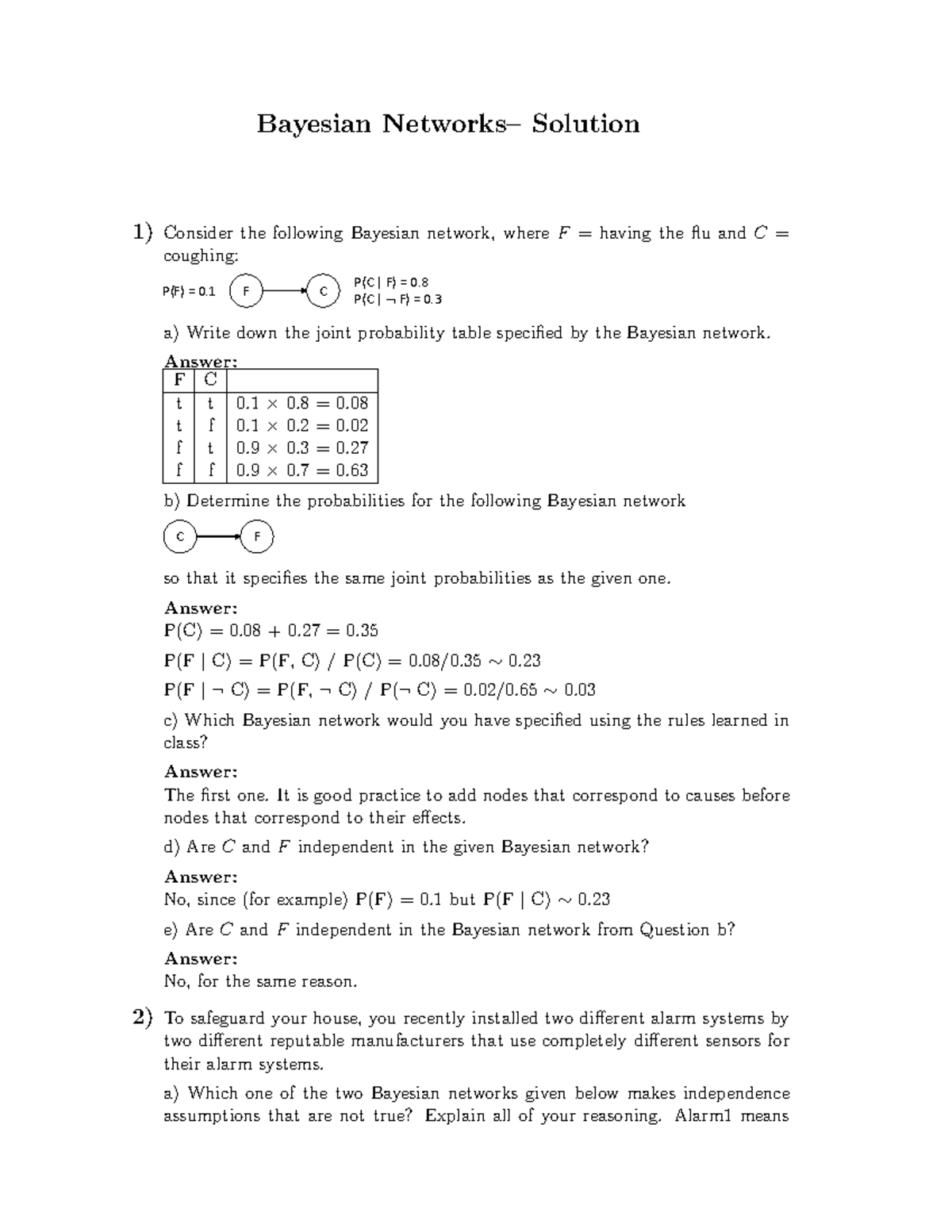 Solutions-Bayesian Networks - Bayesian Networks– Solution 1) Consider the following Bayesian ...