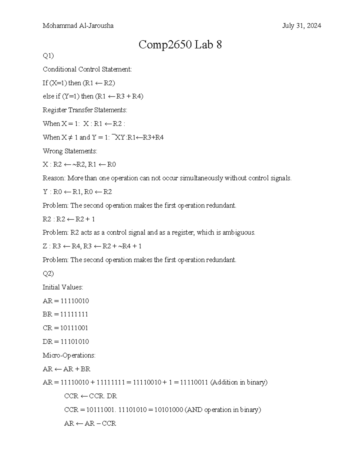 Comp2650-Lab8 - Comp 2650(Comp Architecture 1) Lab 8 key - Mohammad Al-Jarousha July 31, 2024 ...