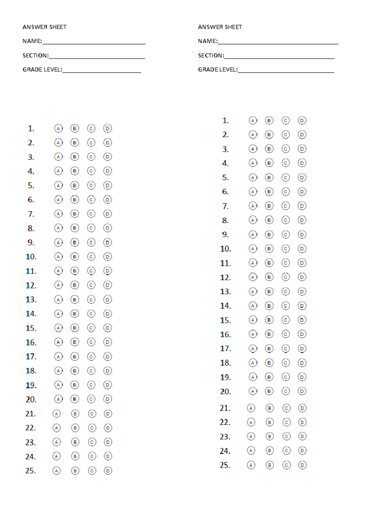Answer Sheet - 2024-2025 - ANSWER SHEET ANSWER SHEET NAME: NAME ...